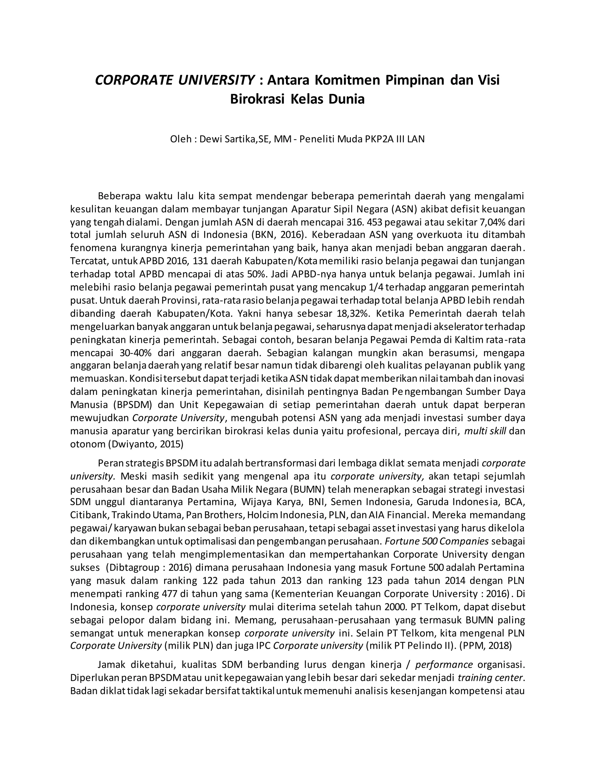 Corporate University : Antara Komitmen Pimpinan dan Visi Birokrasi Kelas Dunia | DOCX