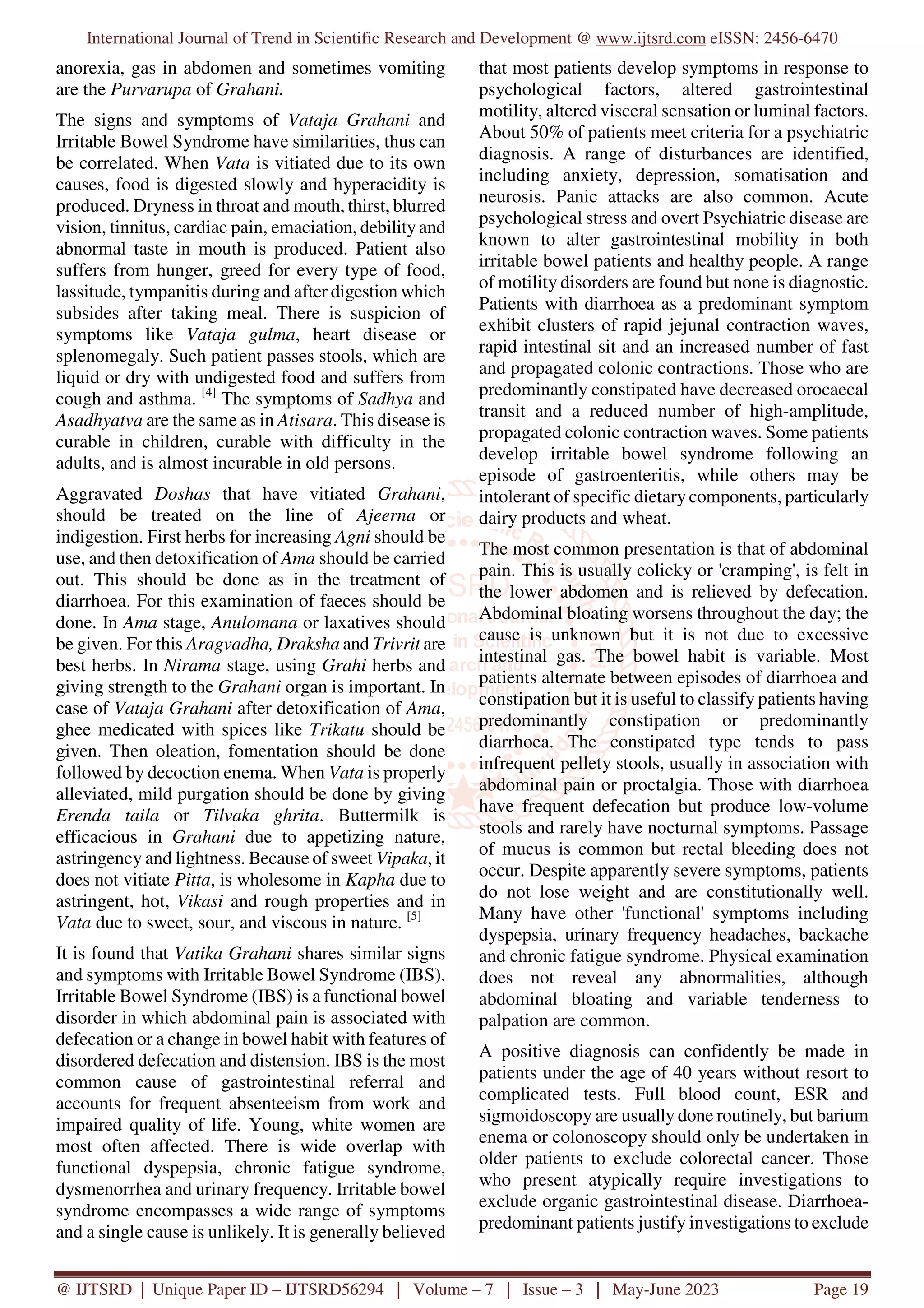 Critical Analysis on Vatika Grahani W.S.R. to Irritable Bowel Syndrome ...