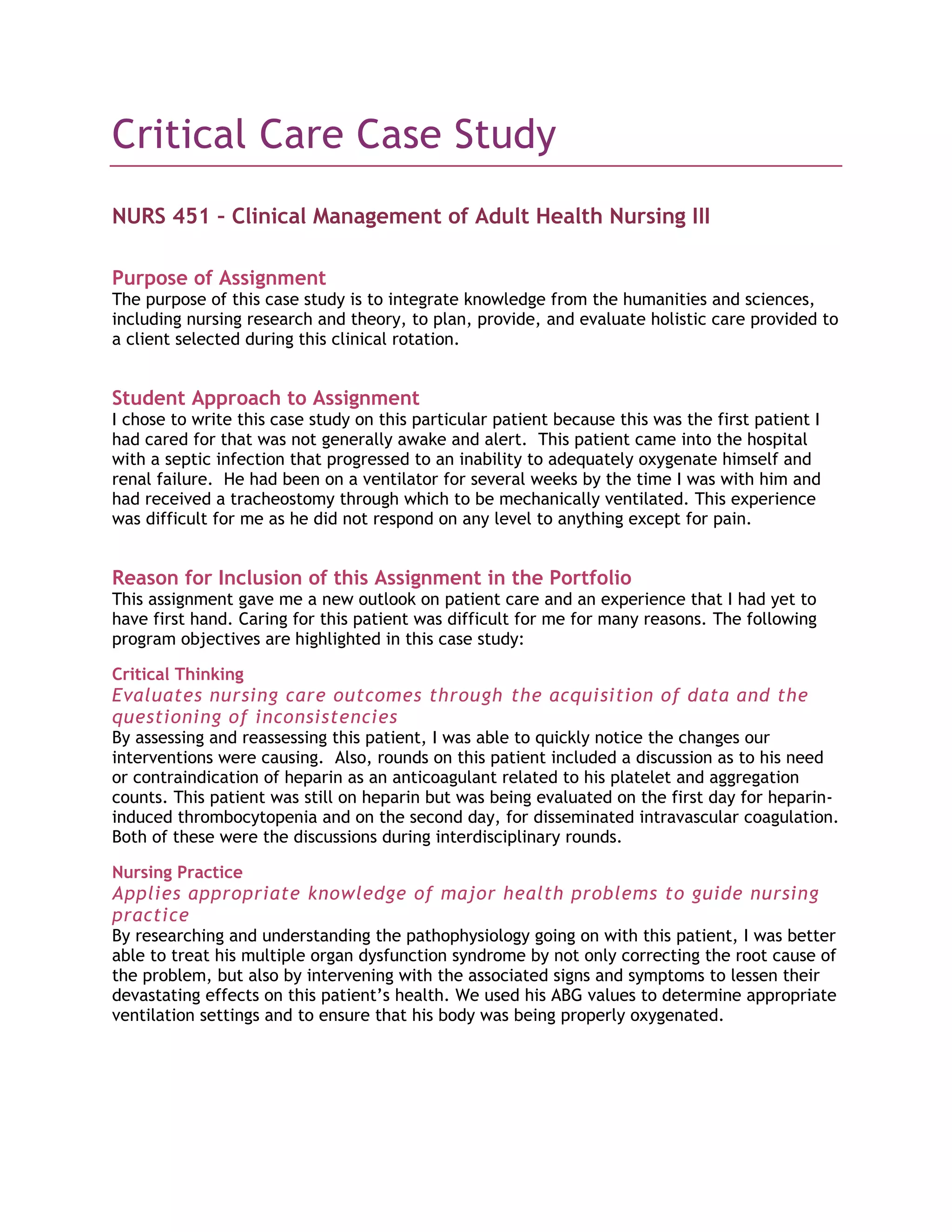 4 Critical Care Case Study | DOCX