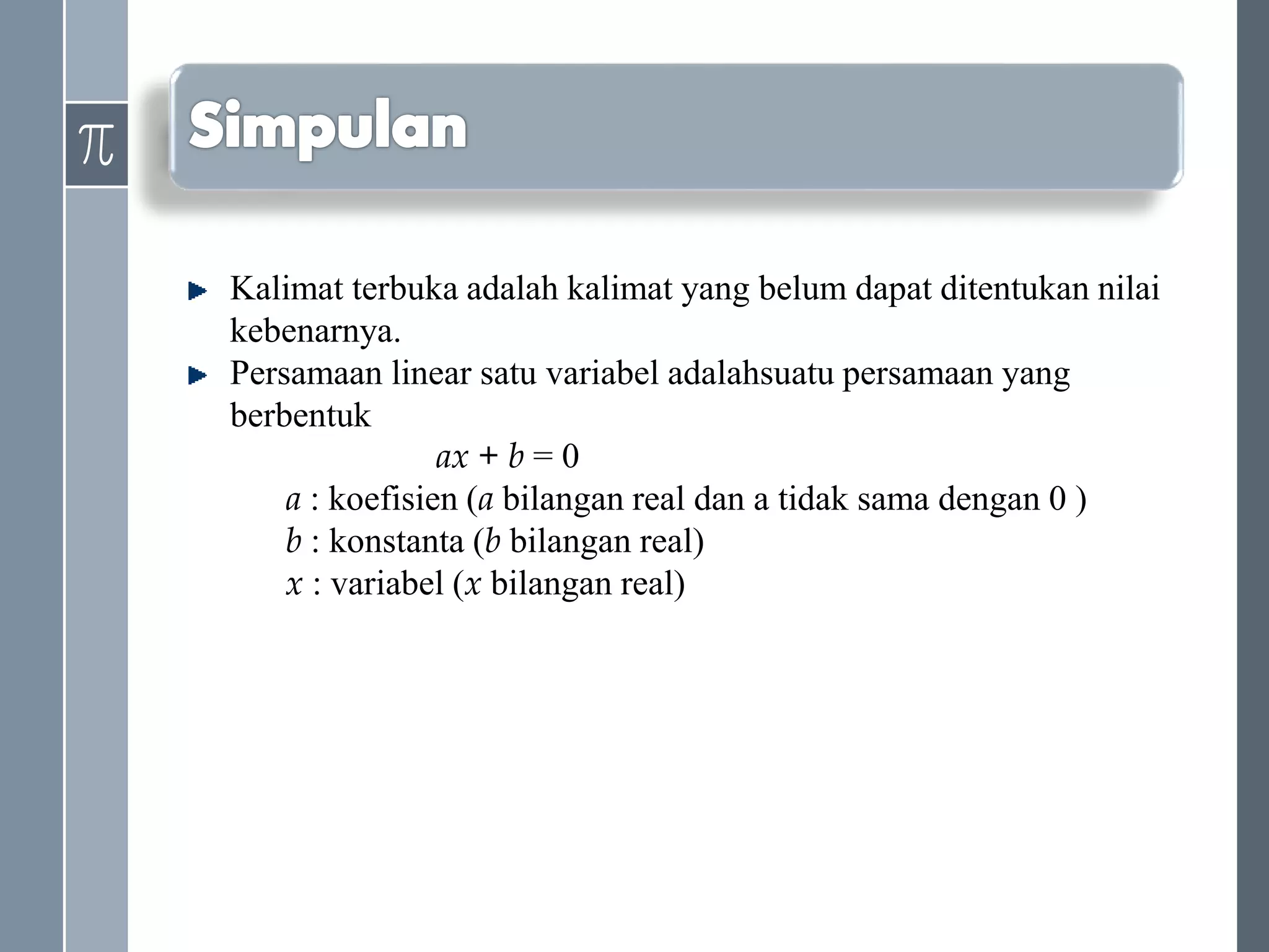 Persamaan linear satu variabel | PPTX