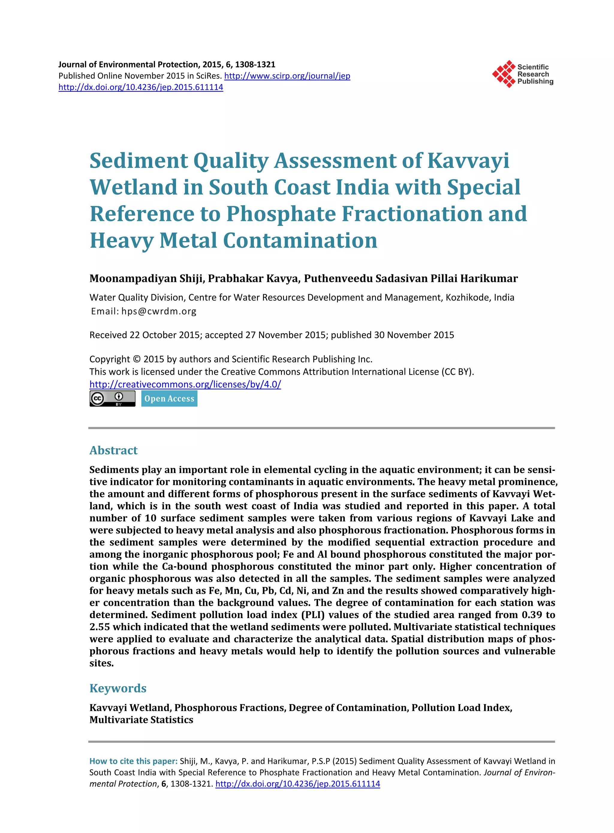 Sediment Quality Assessment of Kavvayi Wetland in South Coast India | PDF