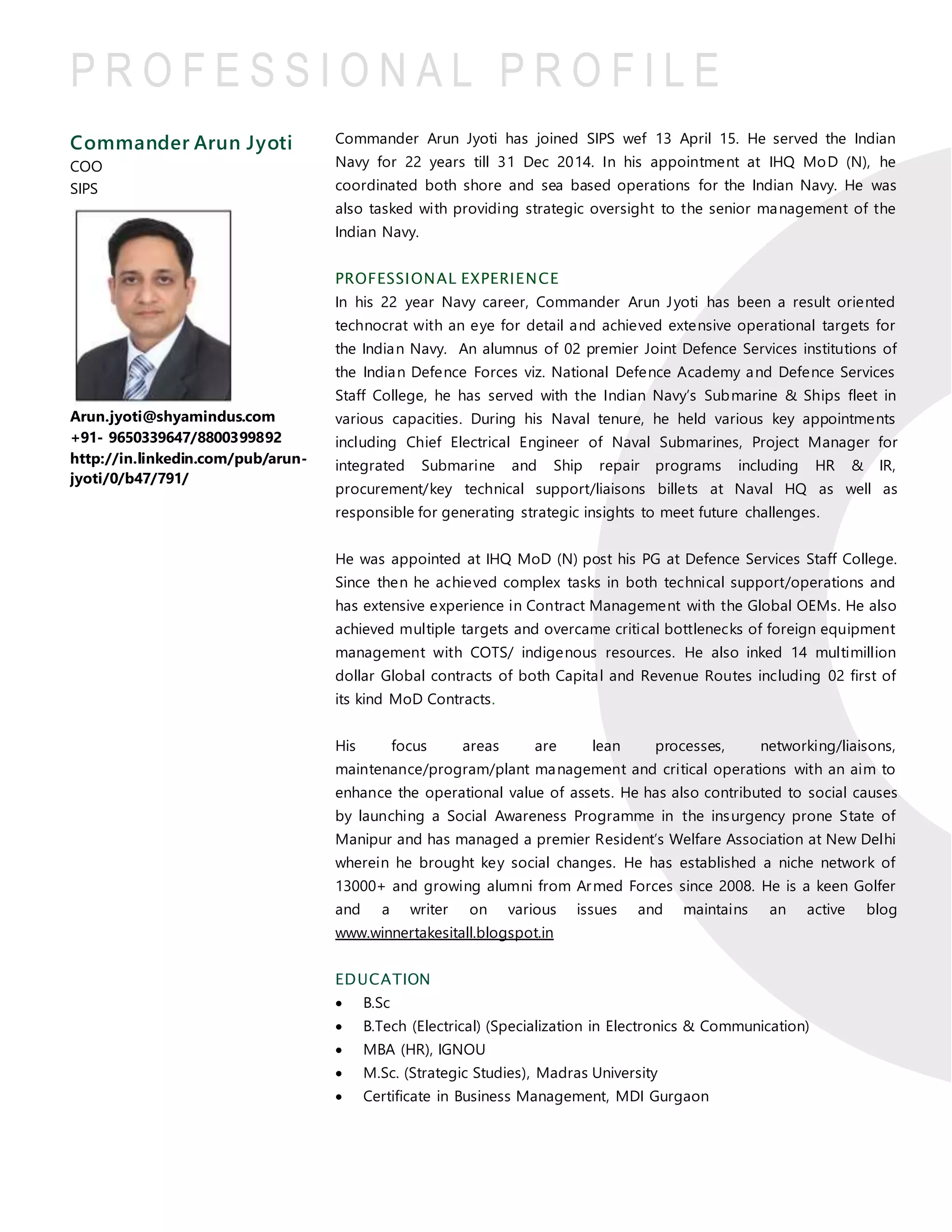 Commander Arun Jyoti- Professional Profile | DOCX
