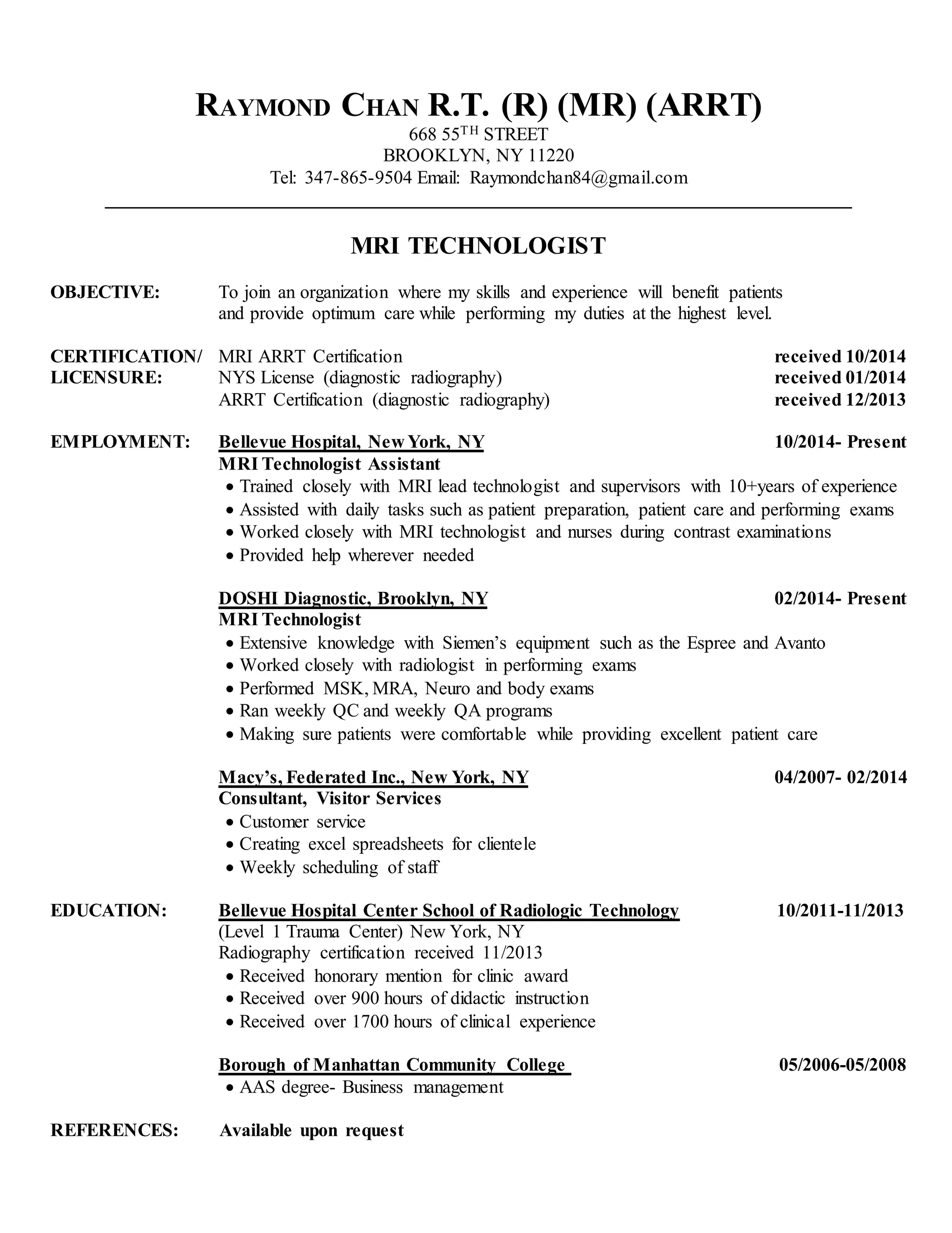 Raymond Chan MRI Resume | DOCX