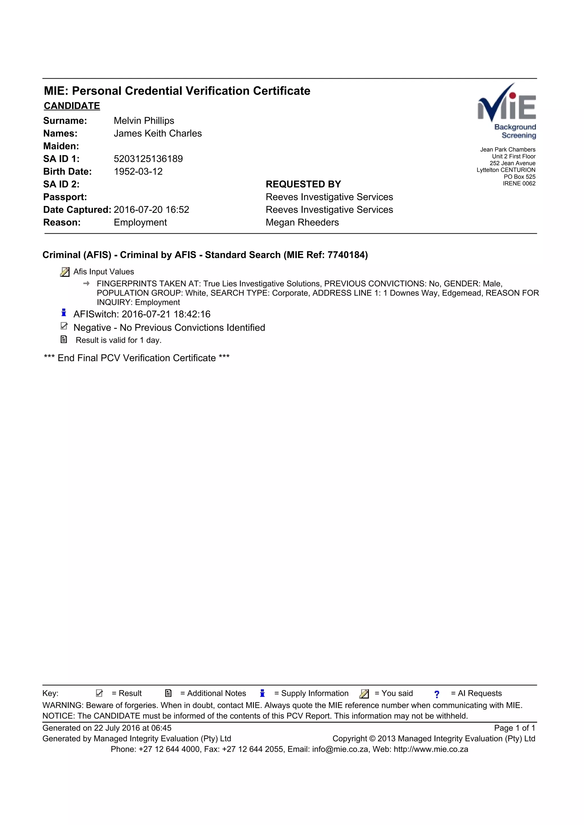 Fingerprint Clearance Report James Keith Charles Melvin Phillips | PDF