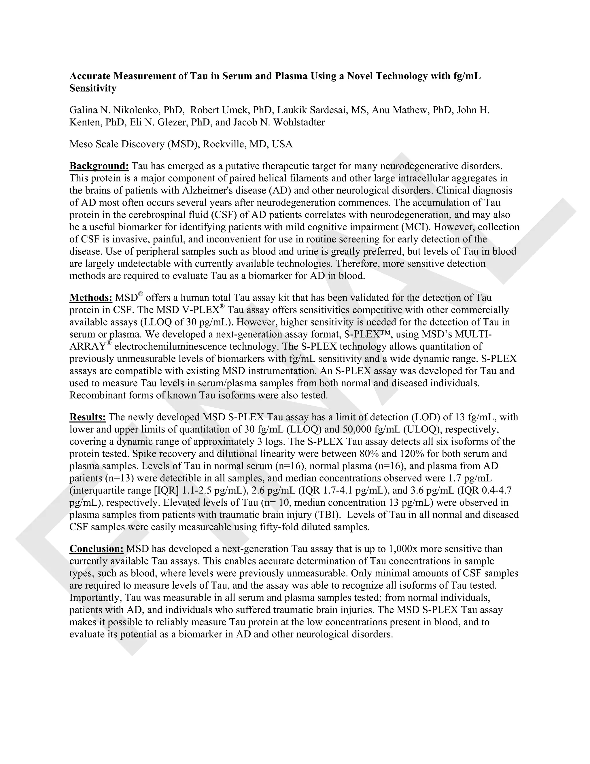 FINAL_Tau S-PLEX Assay abstract_Mathew | PDF