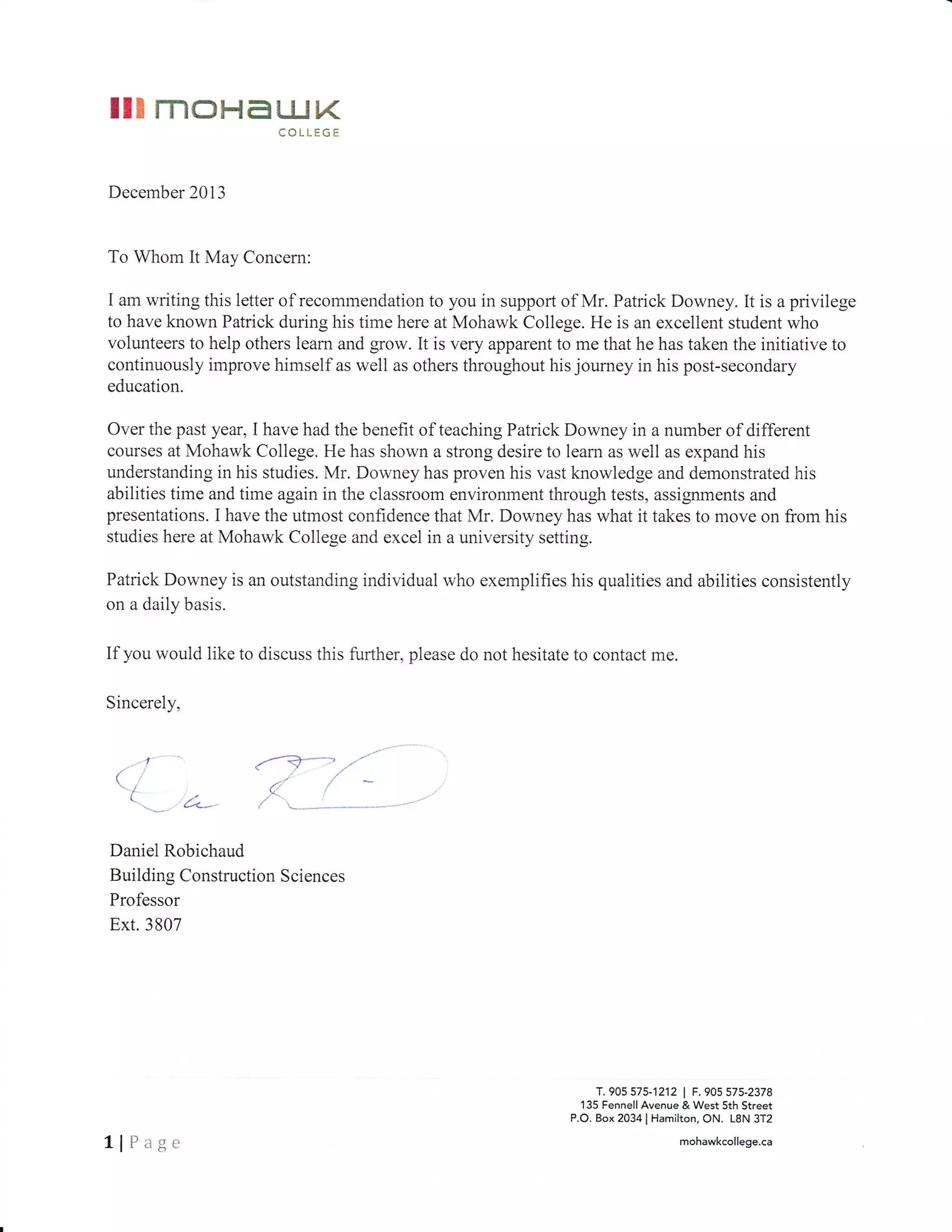 Reference Letter - Mohawk College | PDF