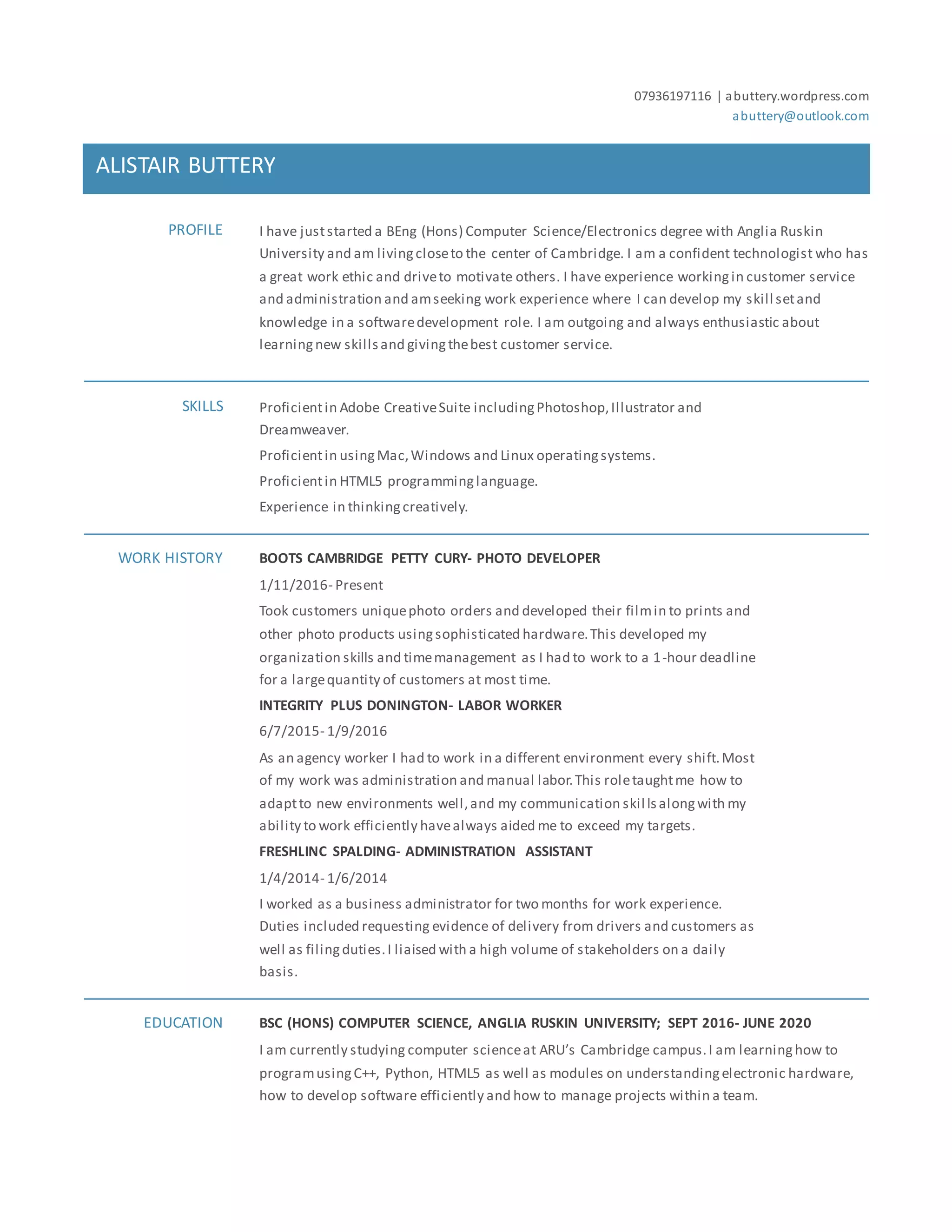 Alistair Buttery CV | DOCX | Computing | Technology & Computing