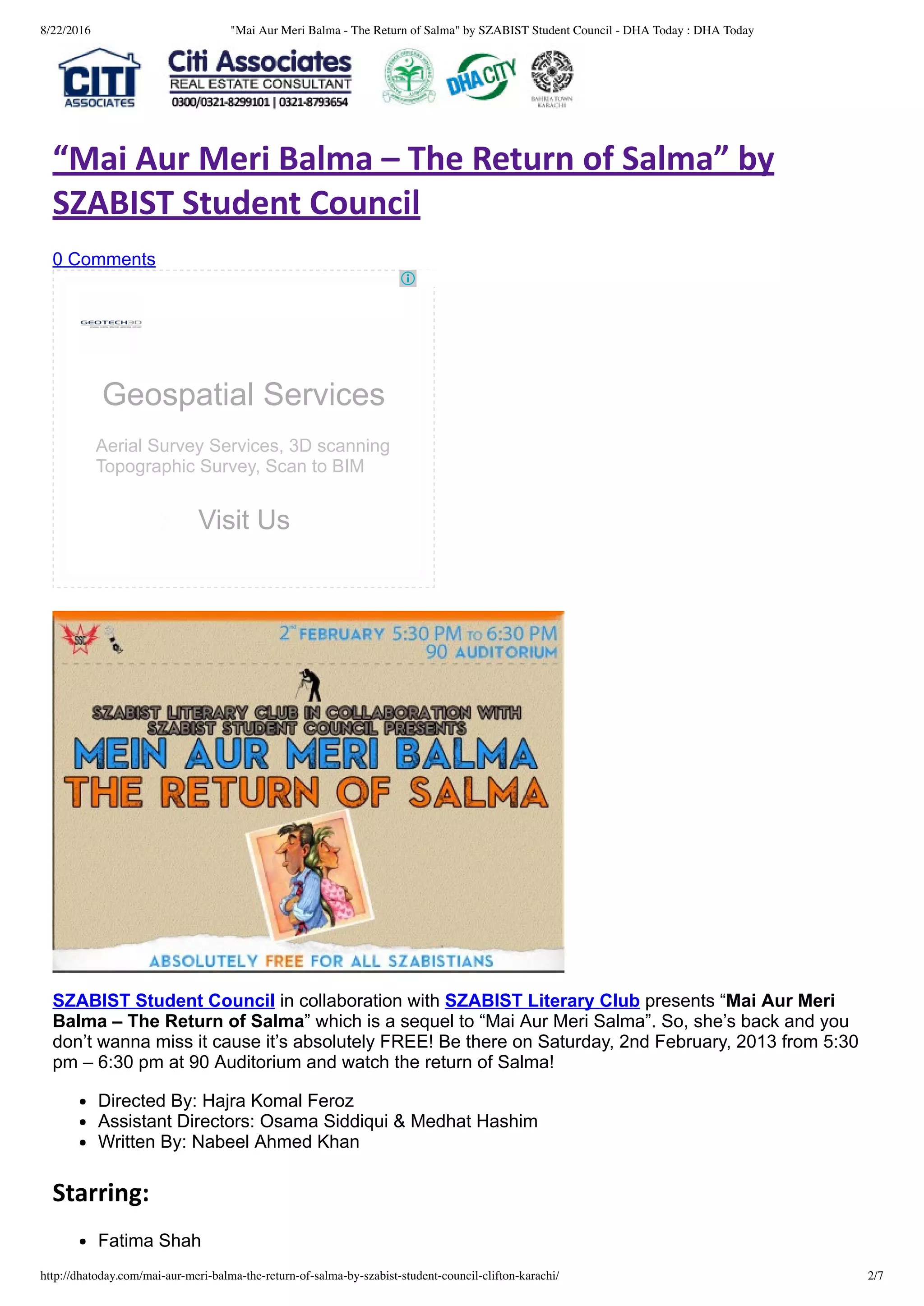 _Mai Aur Meri Balma - The Return of Salma_ by SZABIST Student Council - DHA Today _ DHA Today | PDF