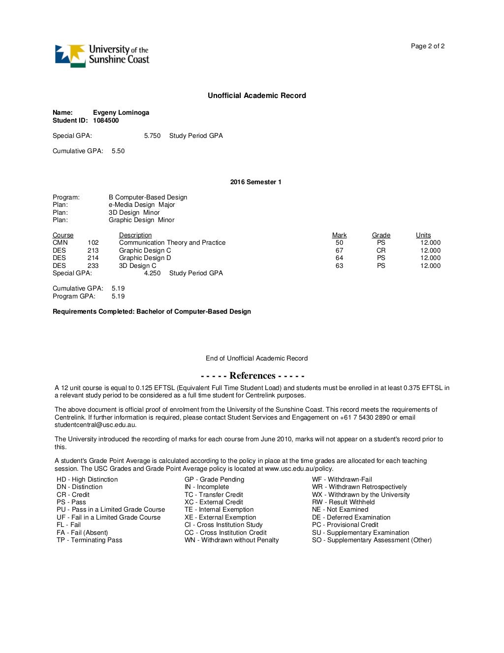 7. Academic Transcript Bachelor in Computer-Based Design – USC