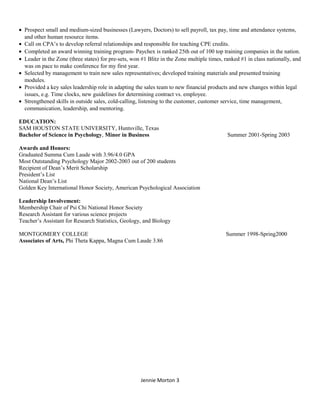 JENNIE MORTONRESUME12162015 | DOC | Sales | Business