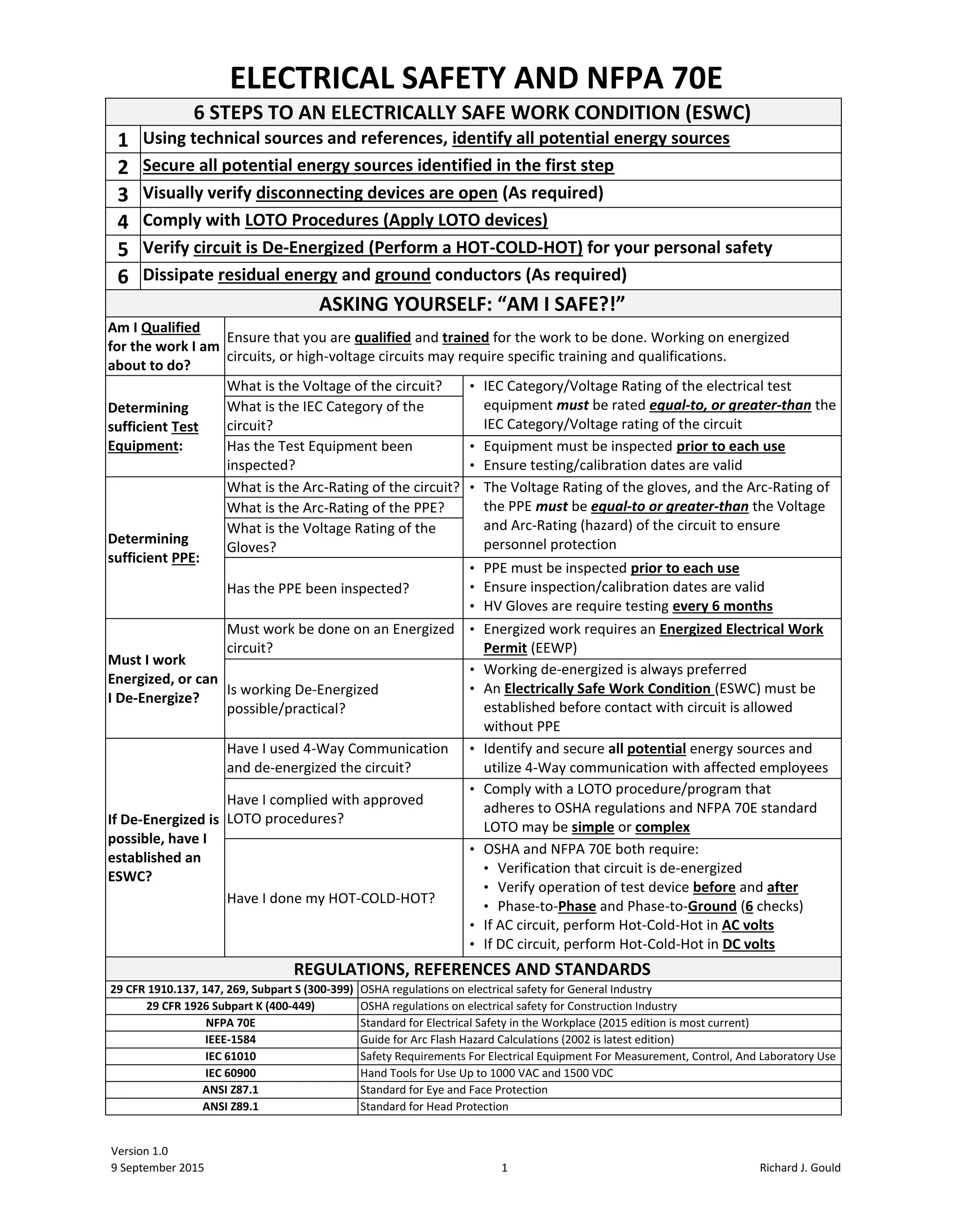 Electrical Safety and NFPA 70E Study Sheet v2.0 | PDF