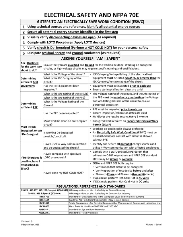 Electrical Safety and NFPA 70E Study Sheet v2.0 | PDF