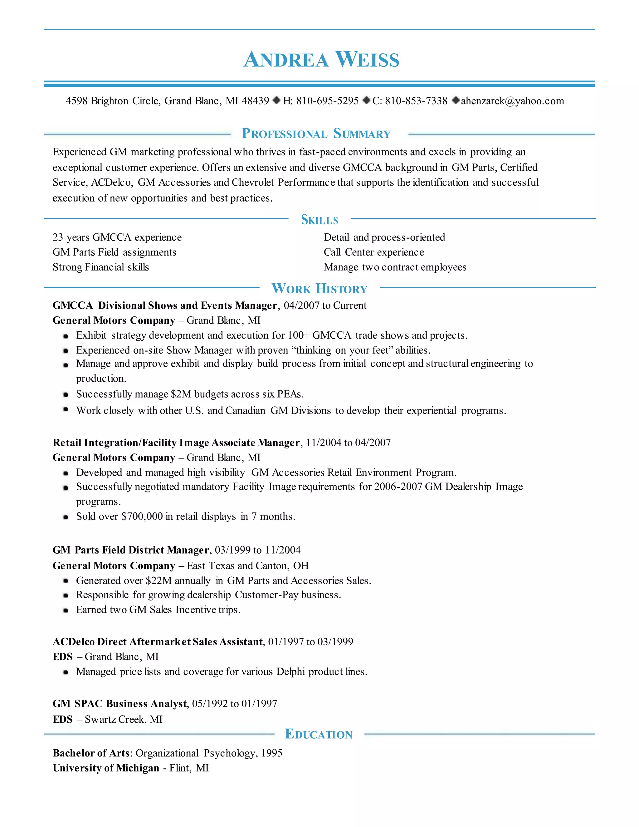 Andrea Weiss Resume2 | DOCX | Automotive Industry | Industries