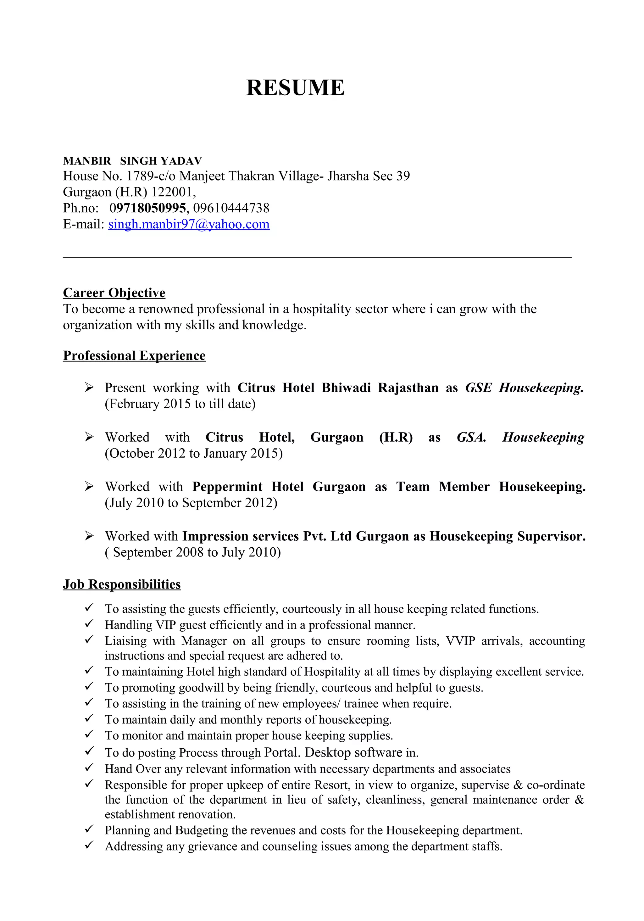 Resume Manbir Singh Yadav | DOC | Hotels and Motels | Travel Type