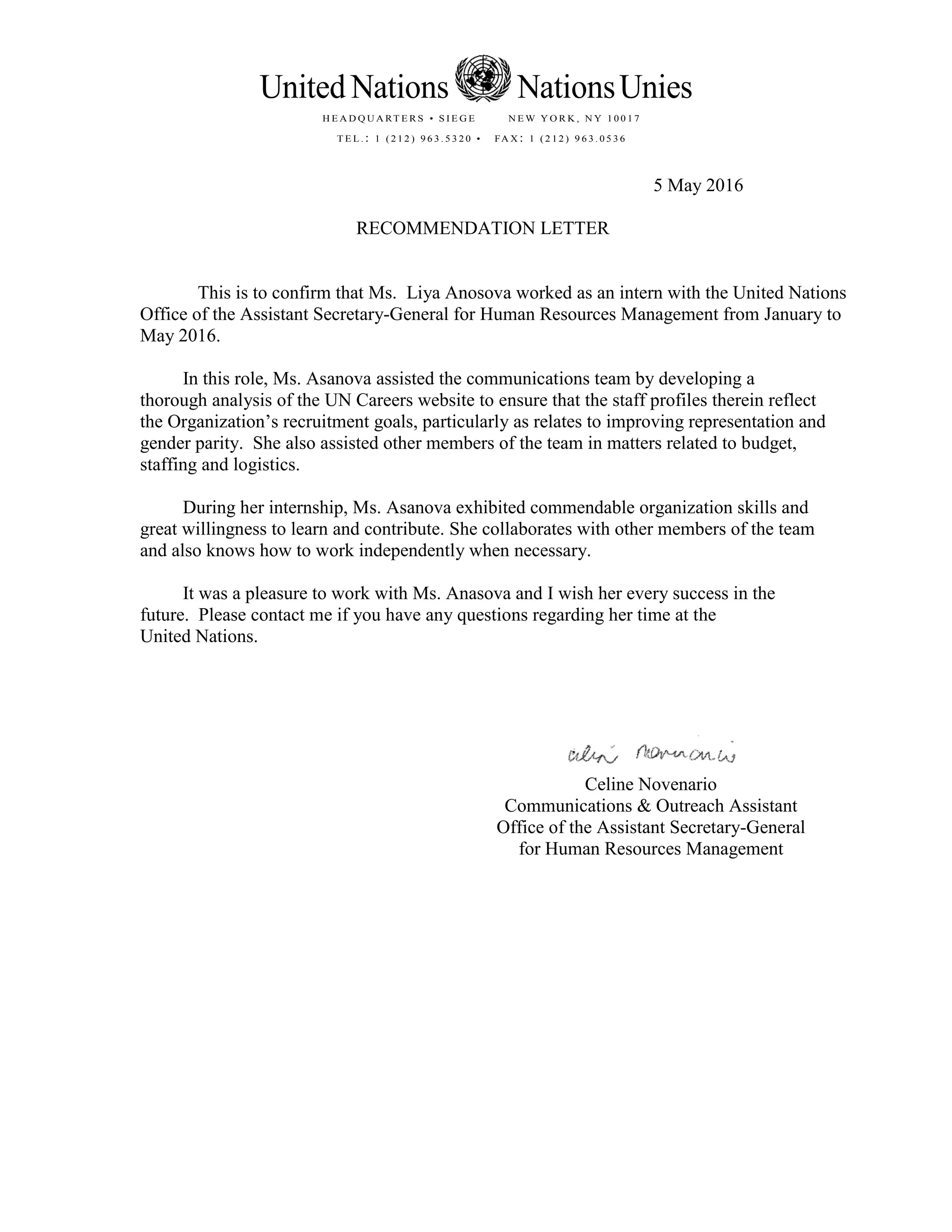 Liya Anosova Recommendation Letter | PDF