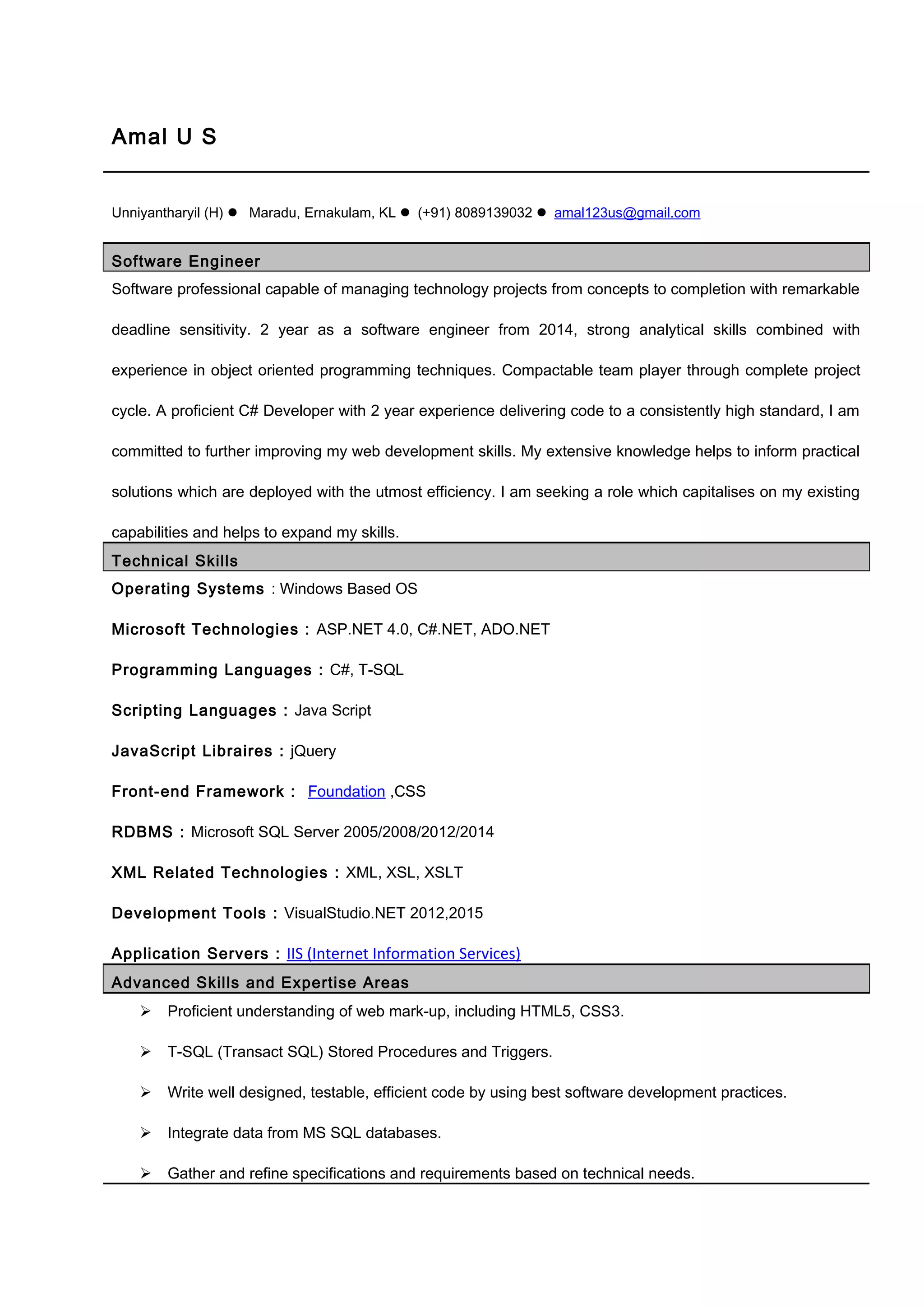 Amal U S(Asp.Net Web Developer) | DOC | Web Development | Internet