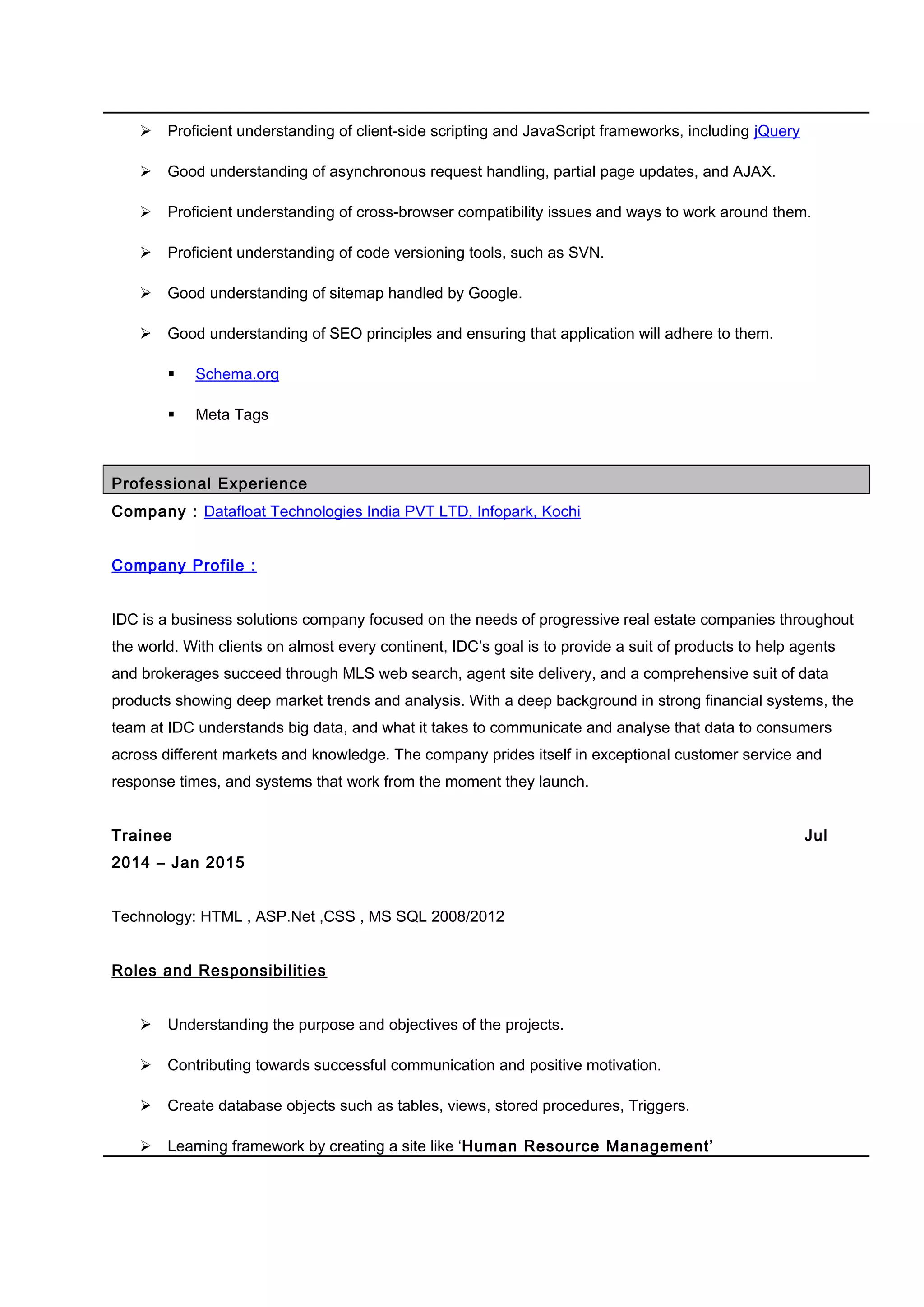 Amal U S(Asp.Net Web Developer) | DOC | Web Development | Internet