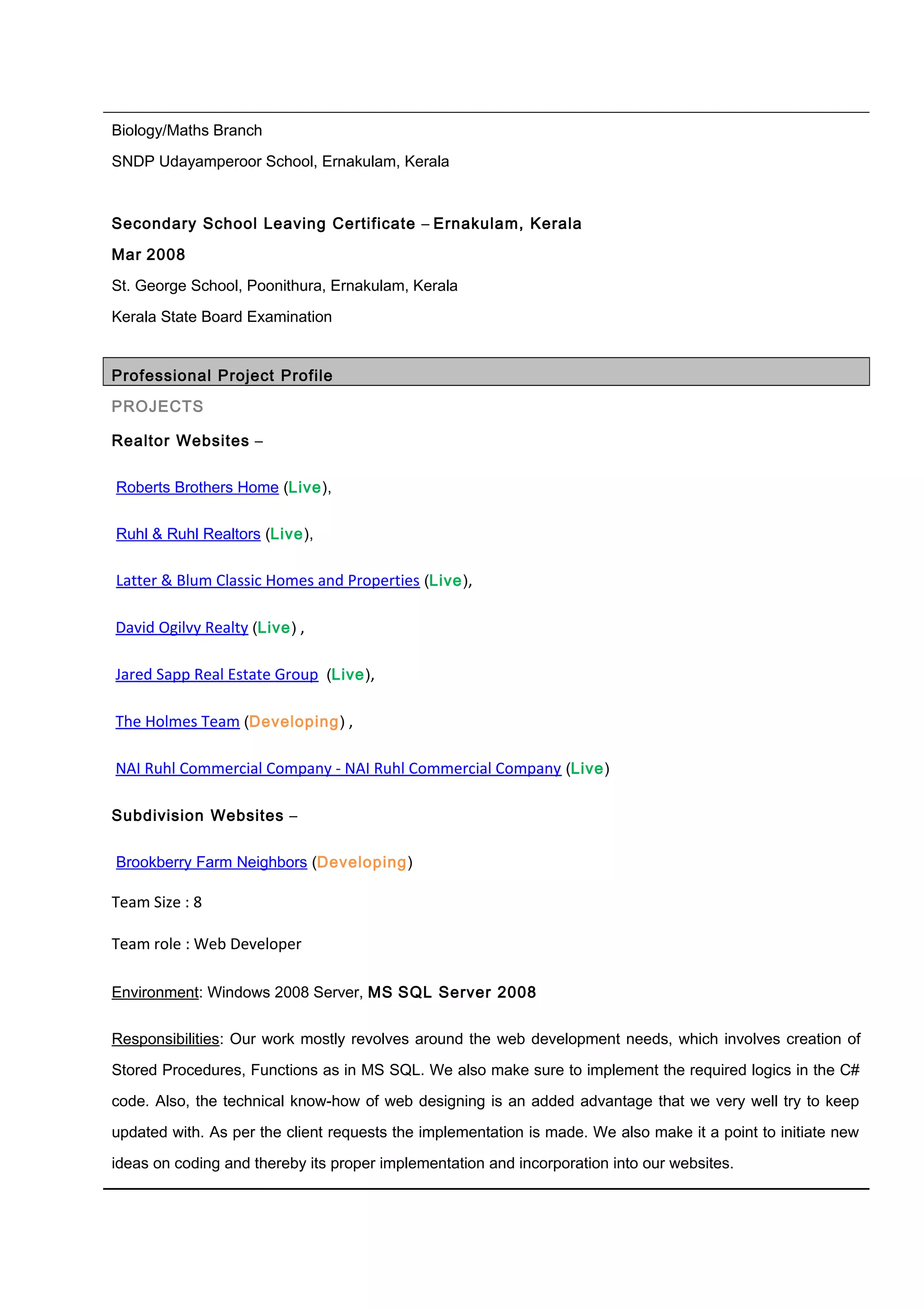 Amal U S(Asp.Net Web Developer) | DOC | Web Development | Internet