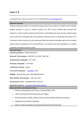 Amal U S(Asp.Net Web Developer) | DOC | Web Development | Internet