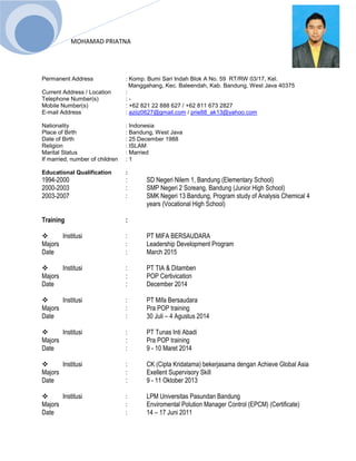 Curriculum Vitae Mohamad Priatna | PDF