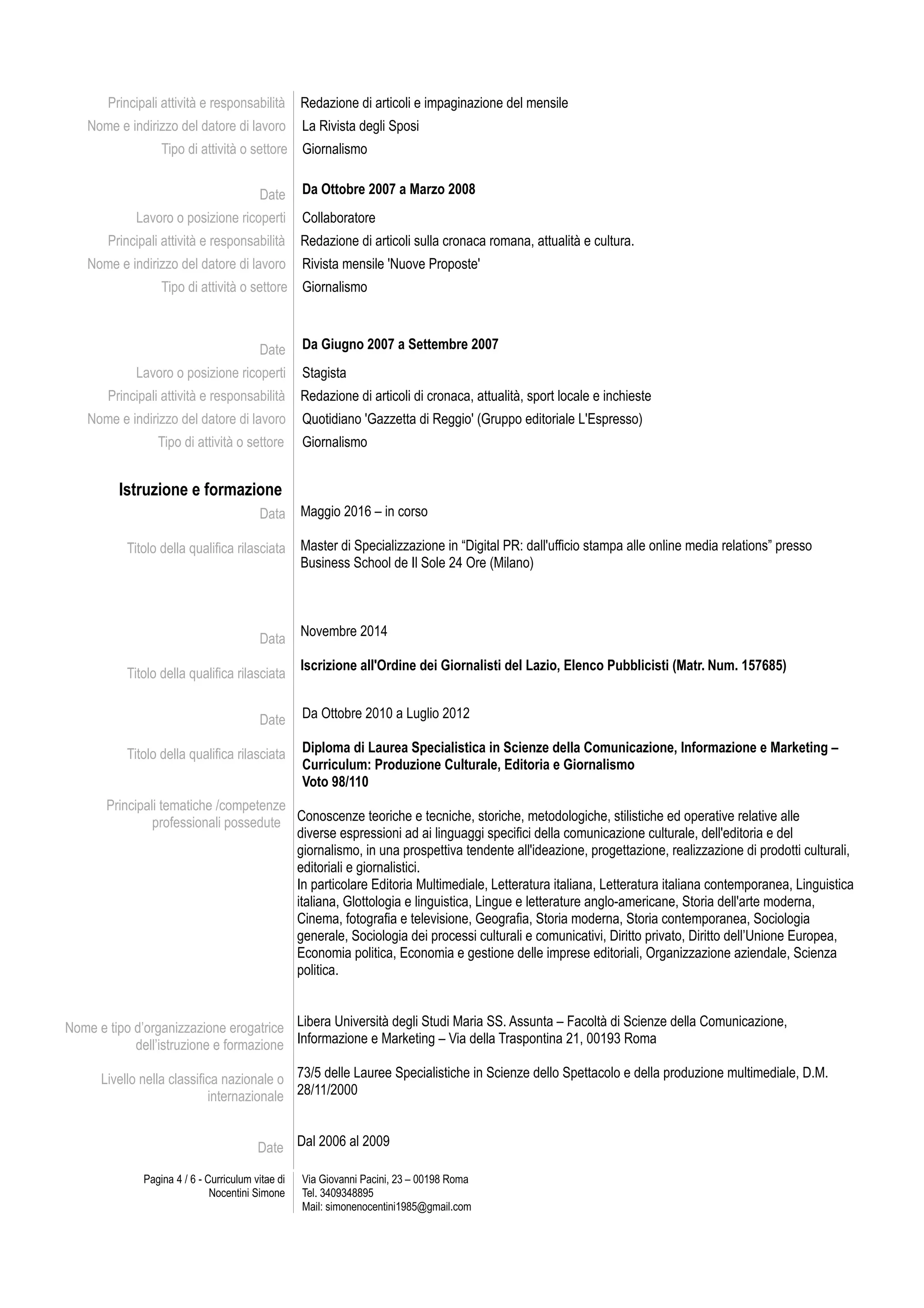 Curriculum Vitae - Simone Nocentini | PDF