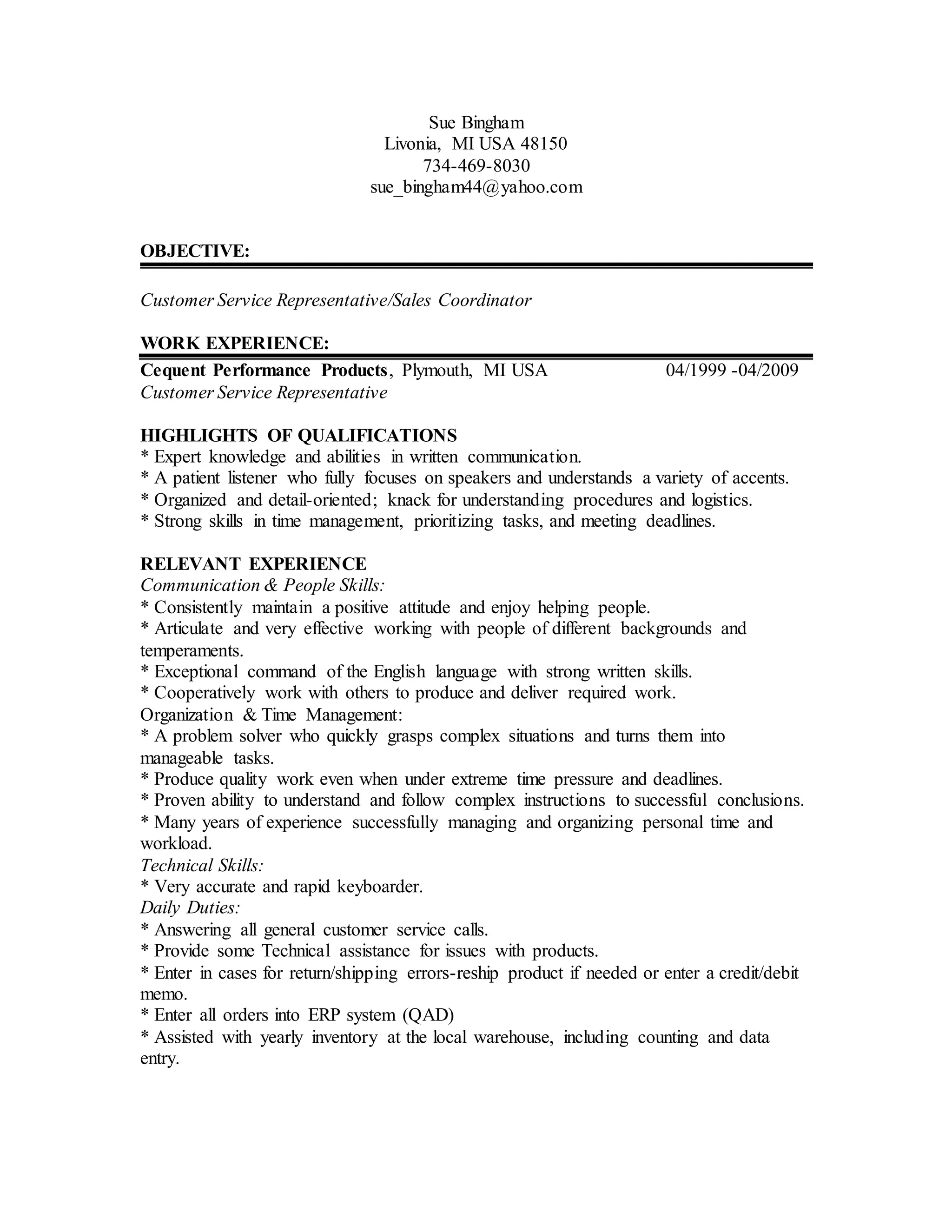 Sue Bingham CSR Resume | PDF