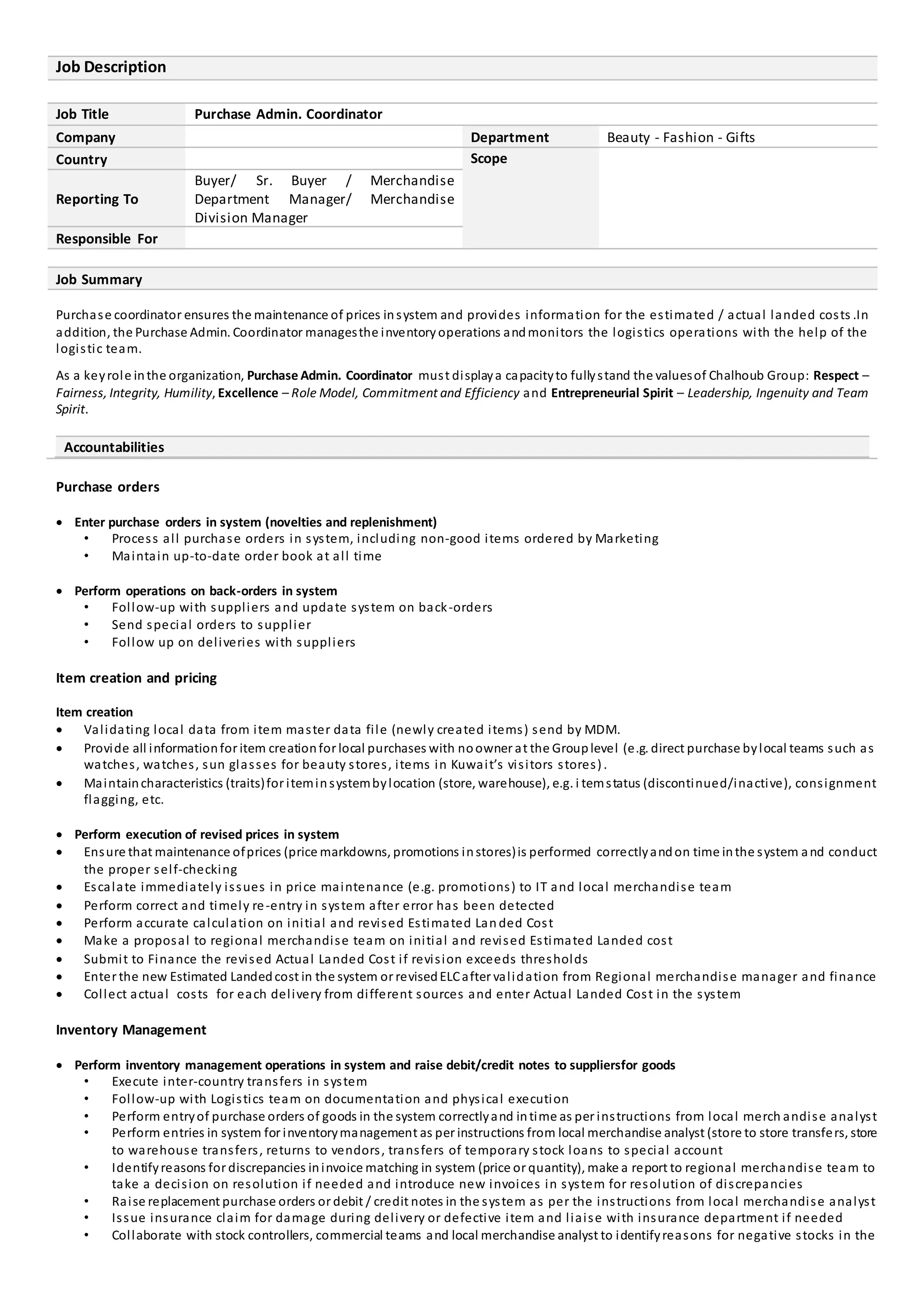 Purchase Admin. Coordinator | DOCX