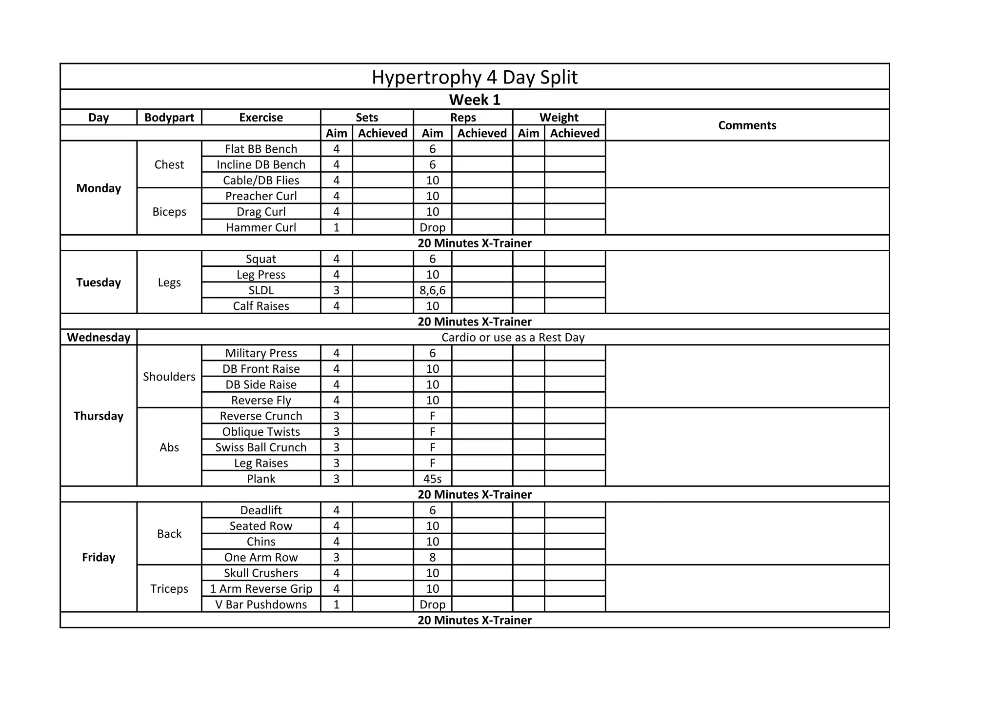 4 Day Hypertrophy Workout Routine 2003 File | XLS