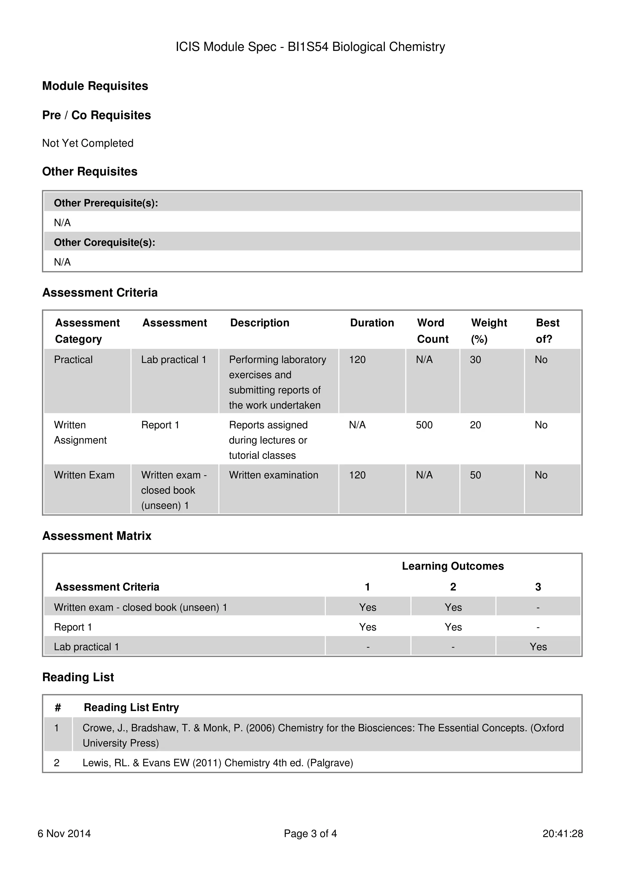 ICIS Module Spec - BI1S54 Biological Chemistry | PDF