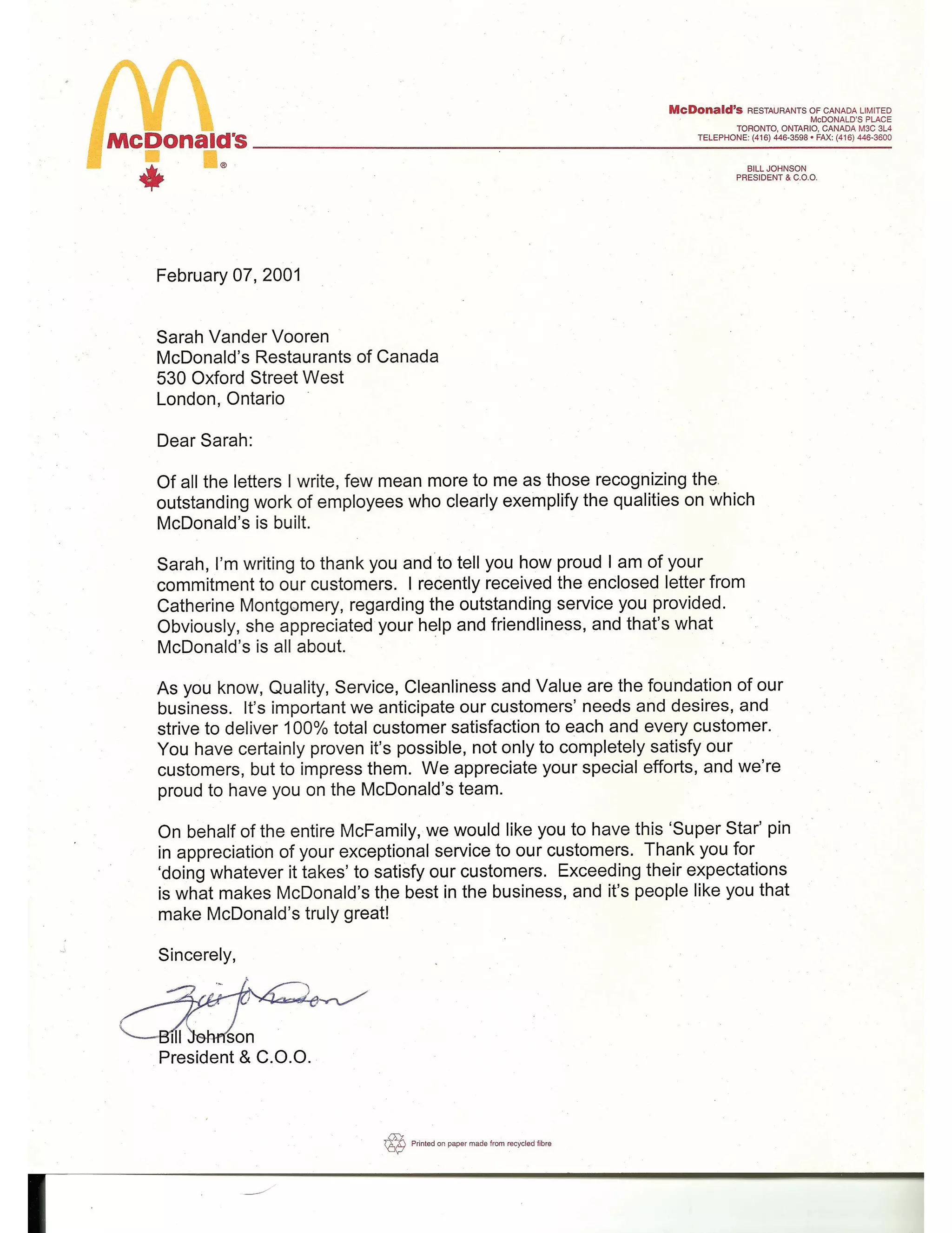 McDonald's Letter of Recognition | PDF