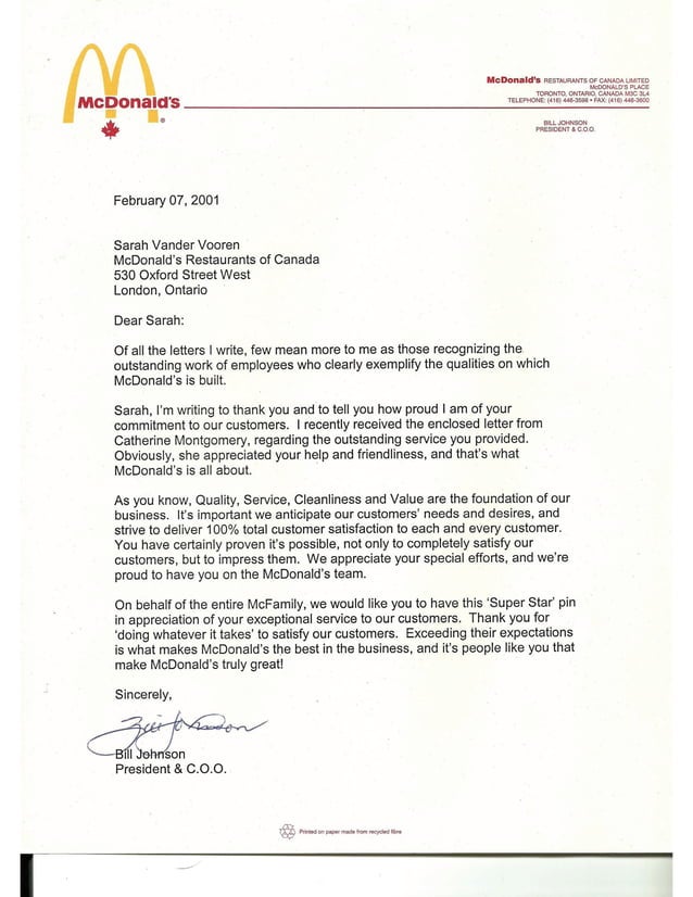 McDonald's Letter of Recognition