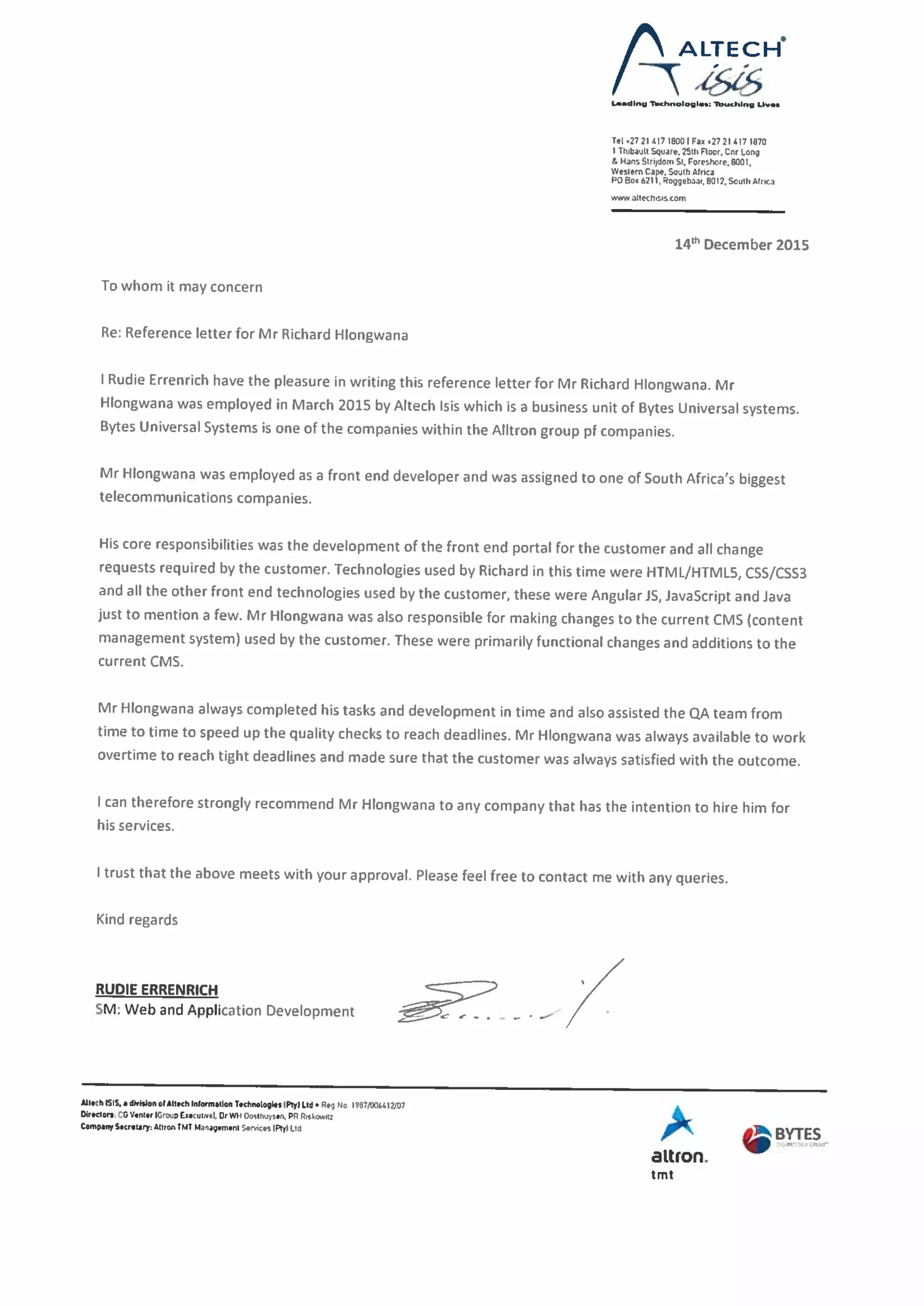 Reference letter alteach ISIS | PDF