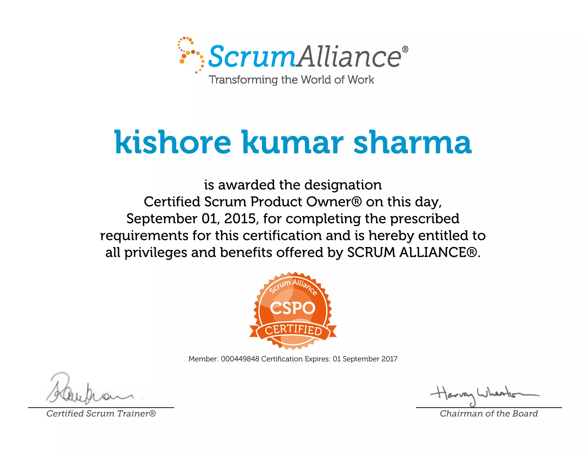 kishore kumar sharma-ScrumAlliance_CSPO_Certificate | PDF