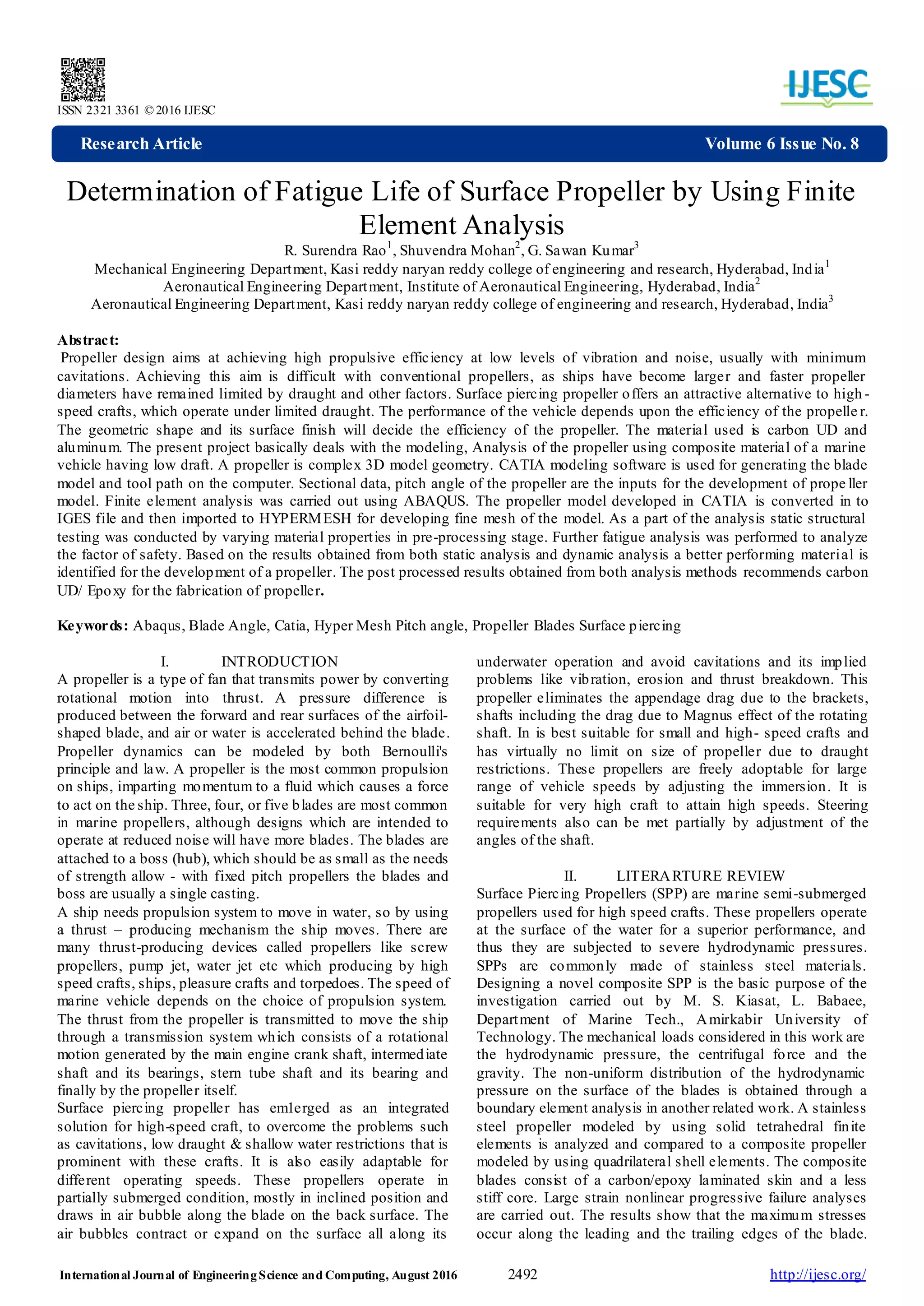 Determination of Fatigue Life of Surface Propeller by Using Finite ...