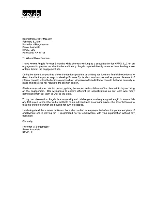 Angela M Vega letter of referal KPMG | PDF | Business | Business and Finance