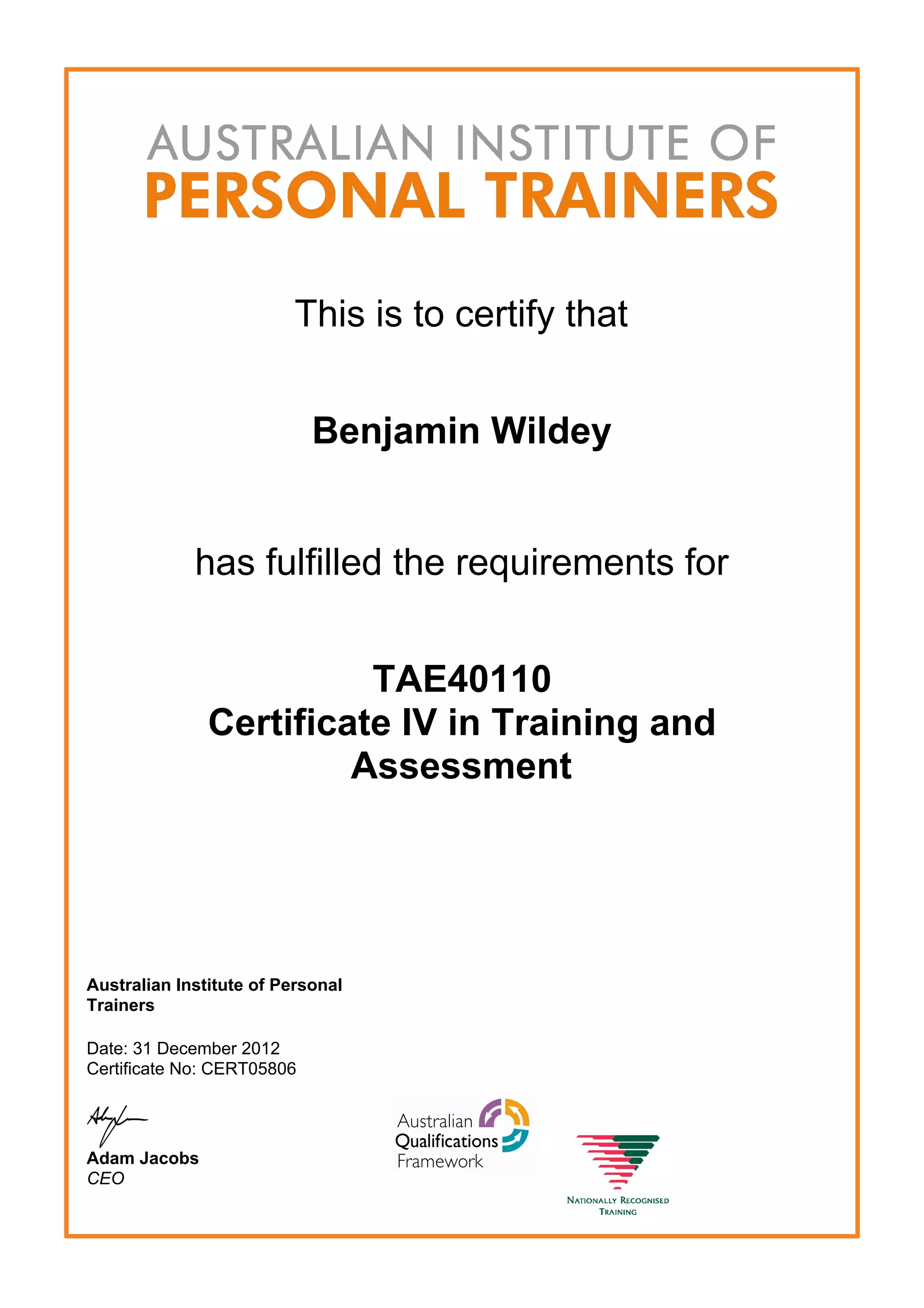 Certificate IV in Training and Assessment TAE40110 Dec 2012 | PDF