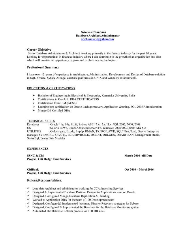 Sriniresume | DOC | Databases | Computer Software and Applications