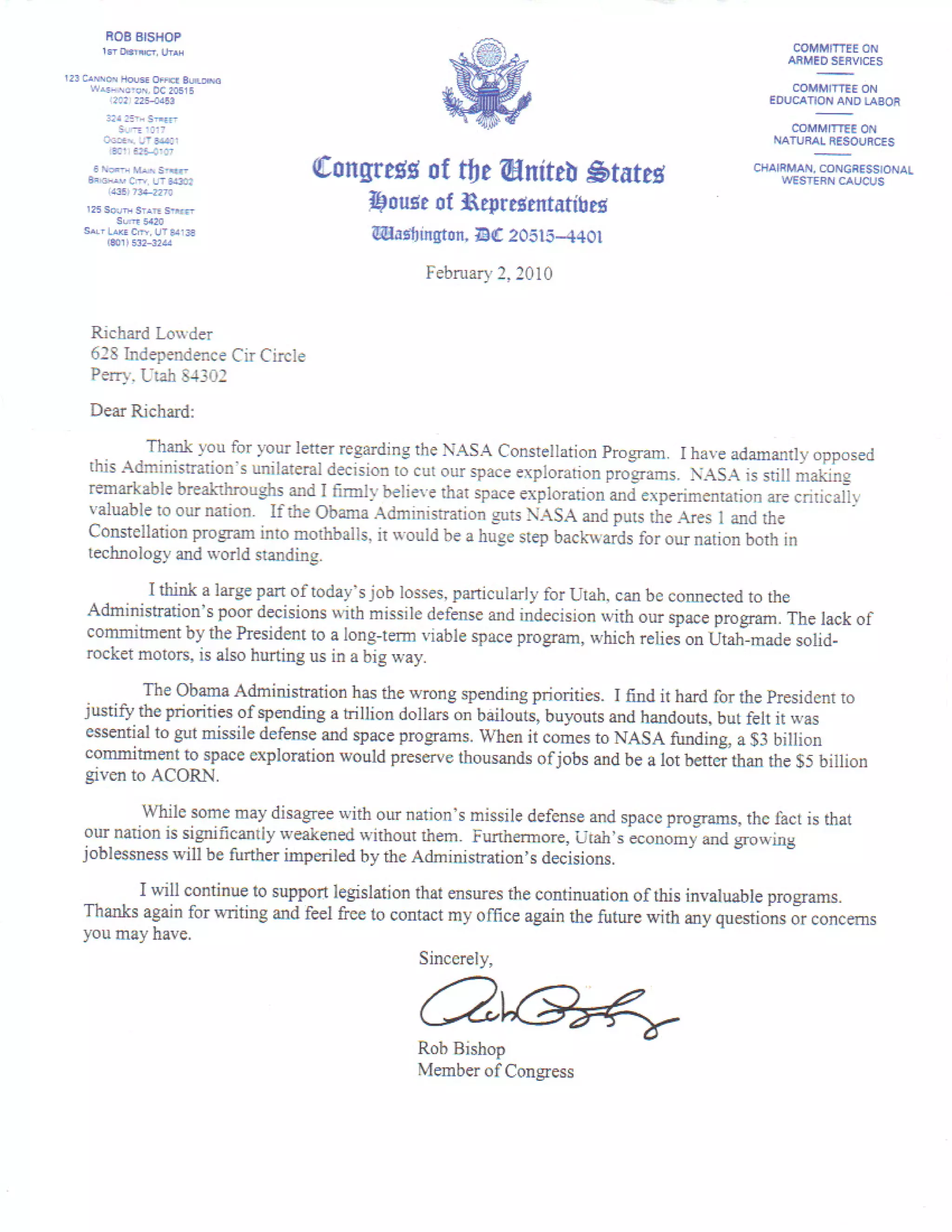 Letter to Rob Bishop regarding NASA Constellation Program | PDF