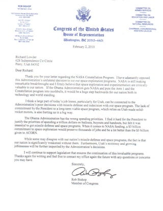 Letter to Rob Bishop regarding NASA Constellation Program | PDF