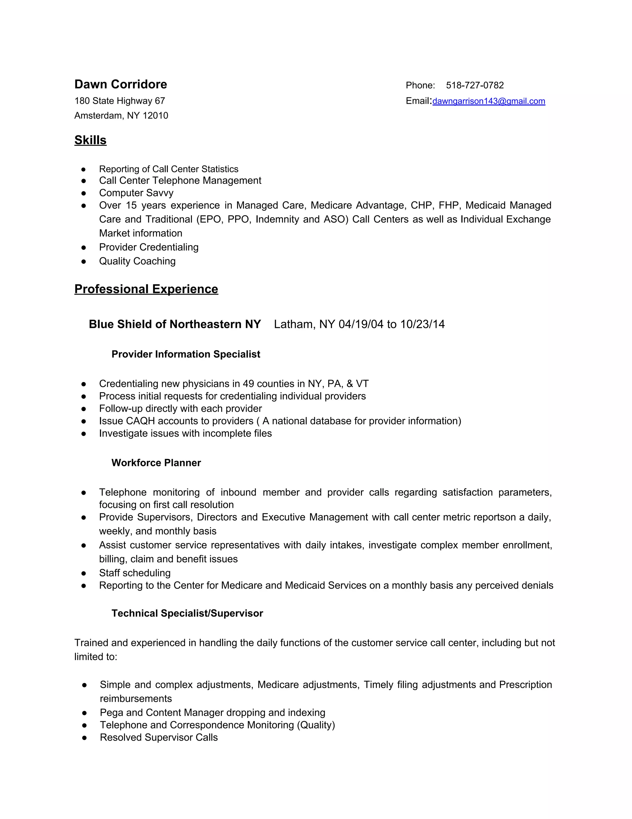 DawnCorridoreResume 022415 | PDF | Health Insurance | Insurance