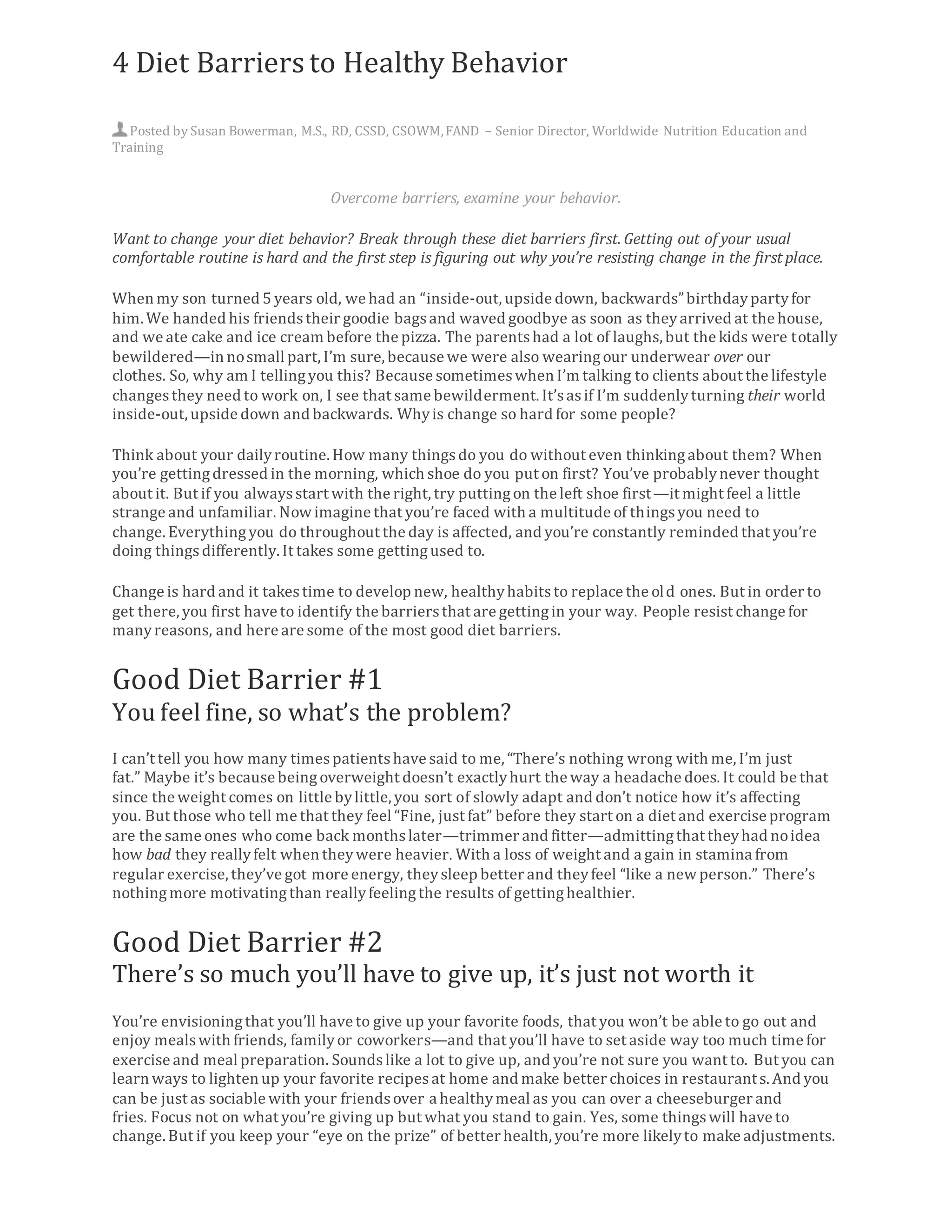 4 diet barriers to healthy behavior | DOCX