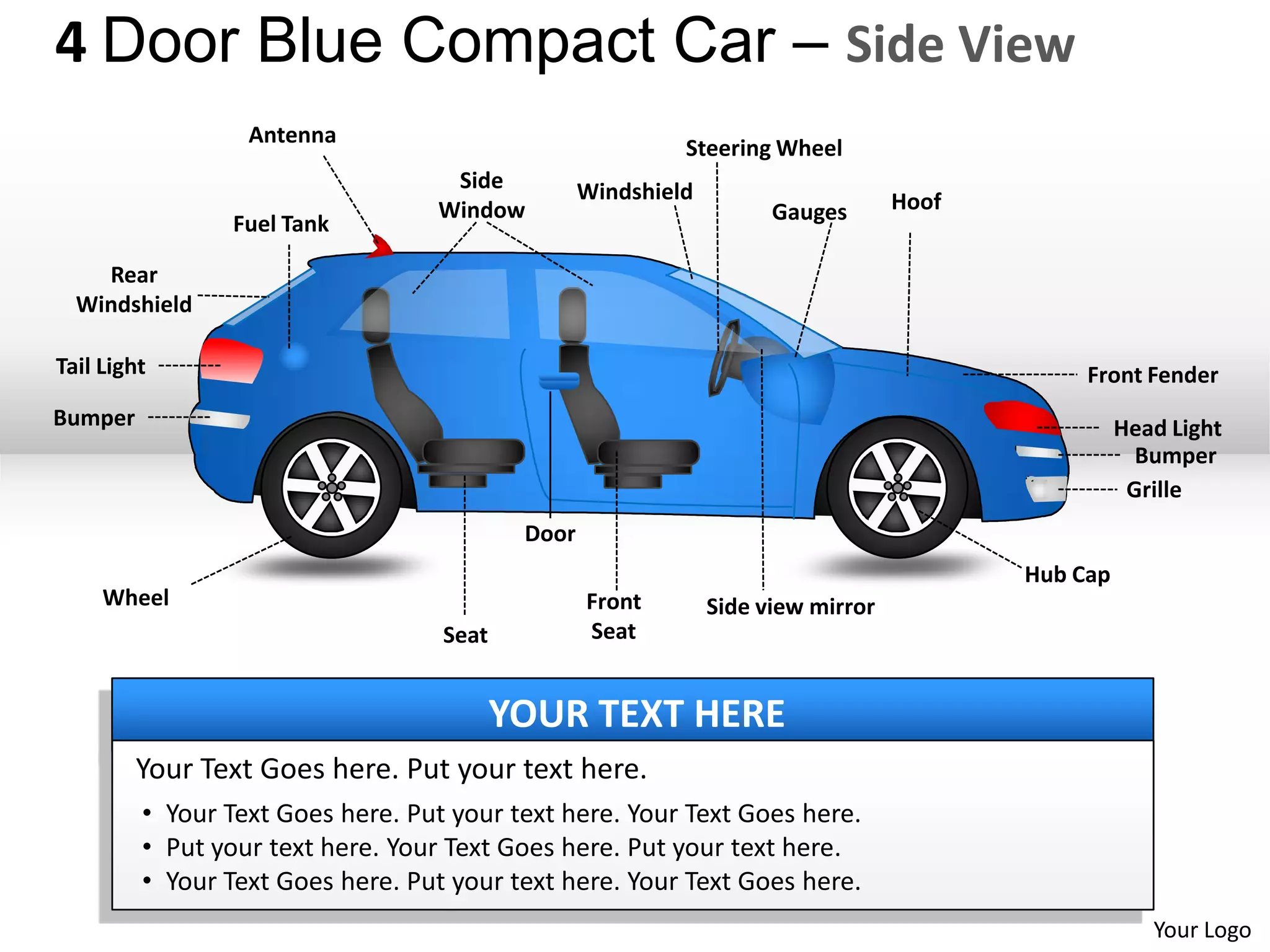 4 door blue car side view powerpoint presentation templates | PPTX