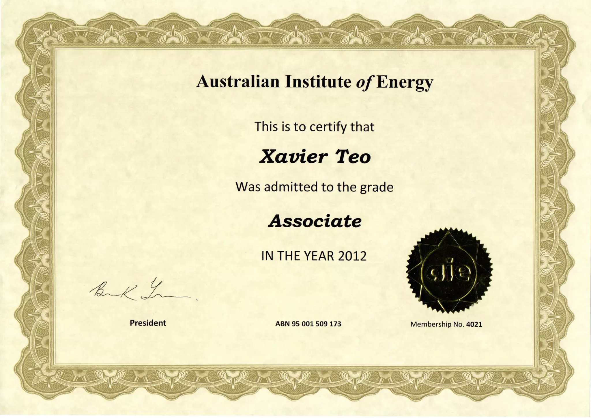 Australian Institute of Energy Member Certificate | PDF