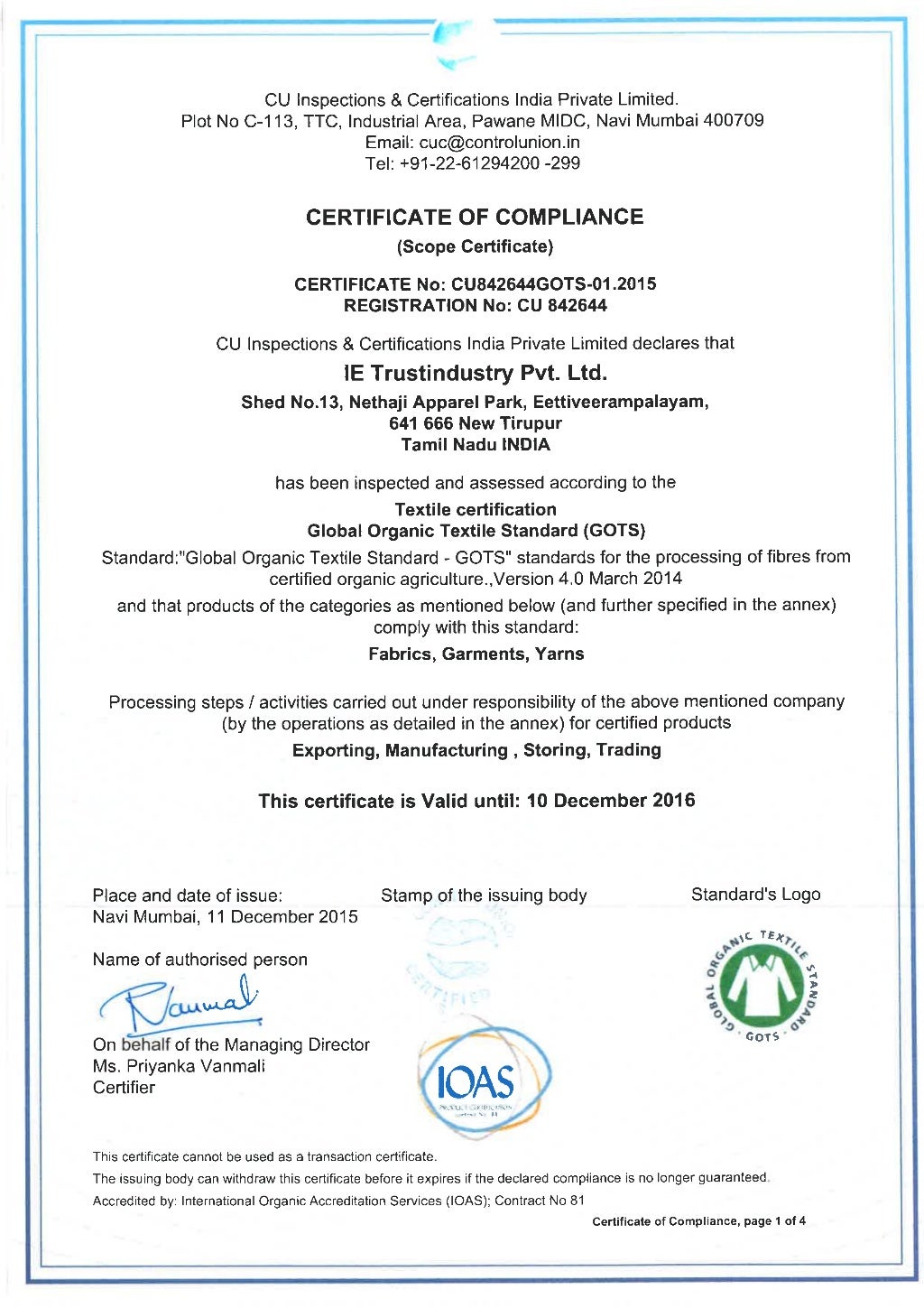 IE Trustindustry Pvt Ltd GOTS CERTIFICATE