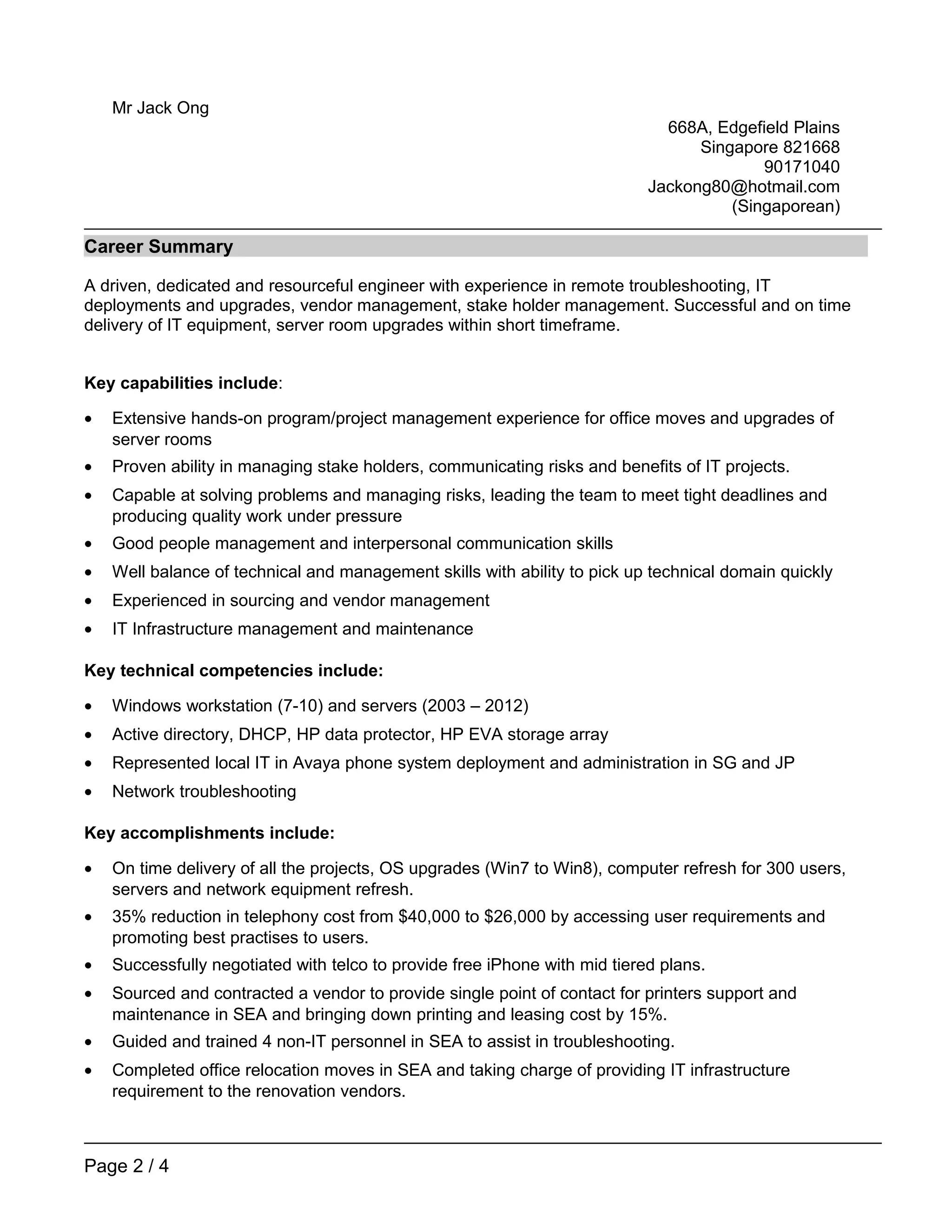 Jack Ong resume | DOC | IT and Internet Support | Internet