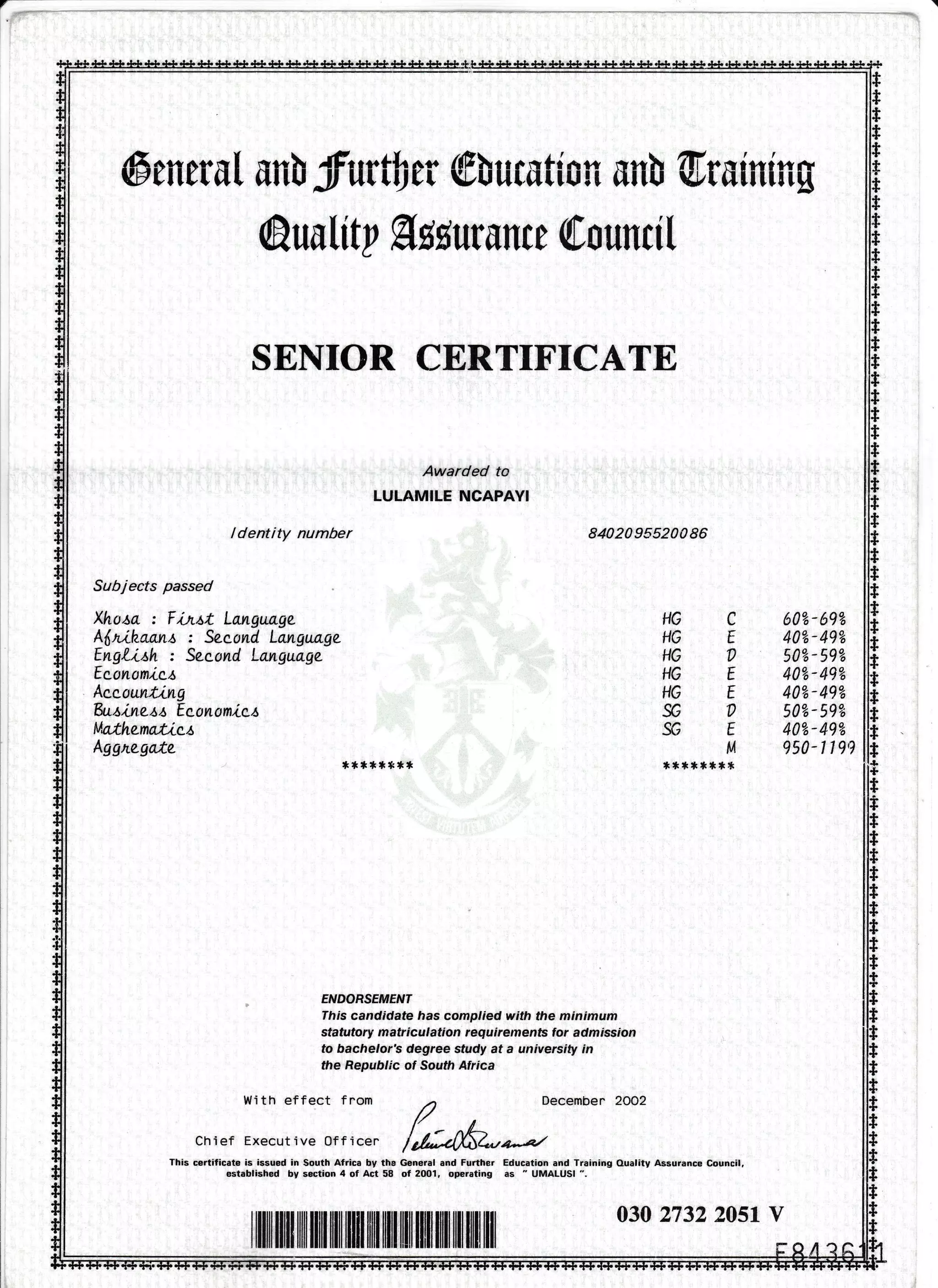 Matric Certificate | PDF