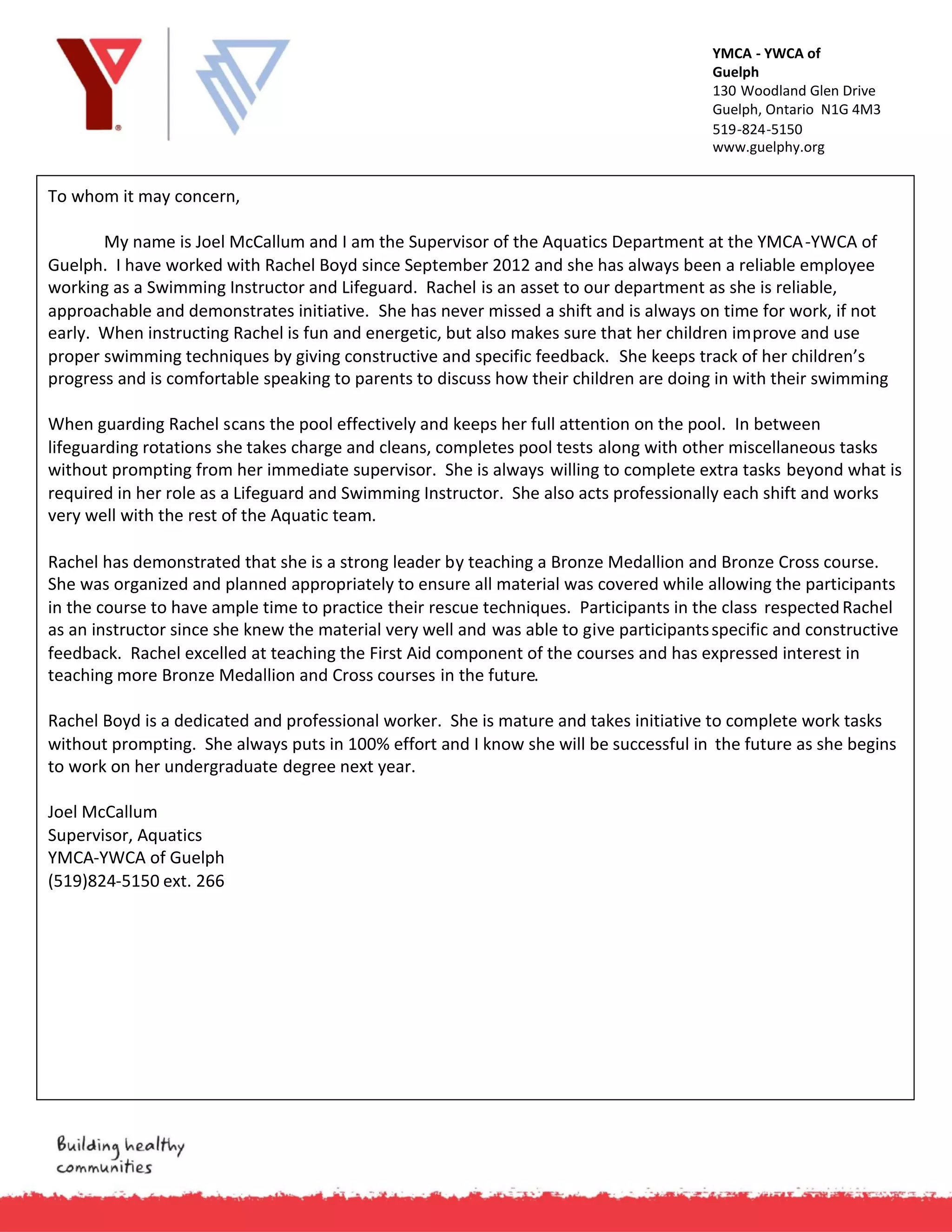 YMCA Letter of Reference | PDF