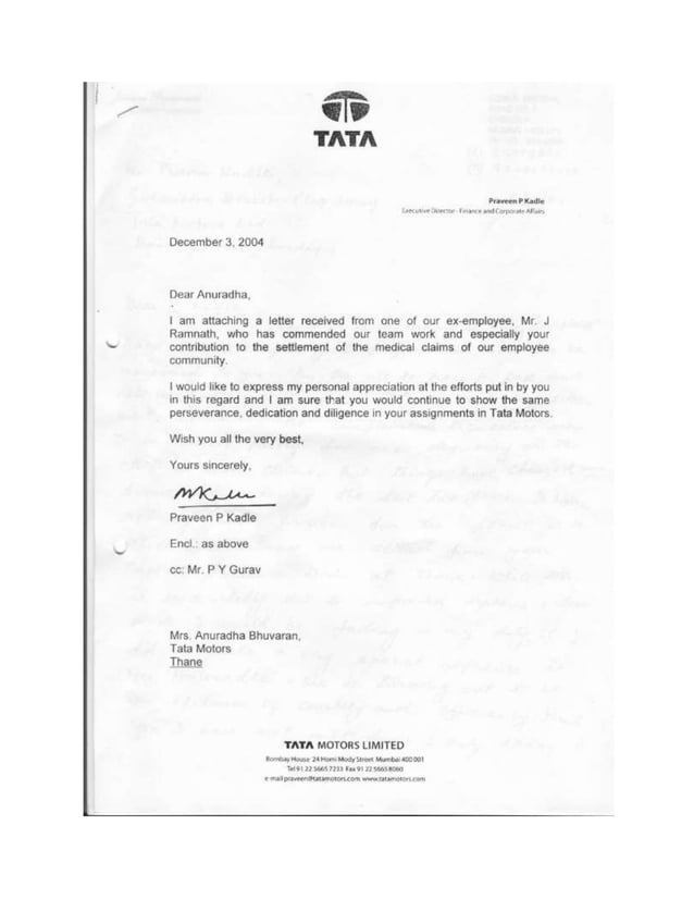 mr kadle md, tata motors -letter of appreciation | PDF