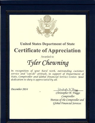 2013 certificate of appreciation - tyler chewning | PDF