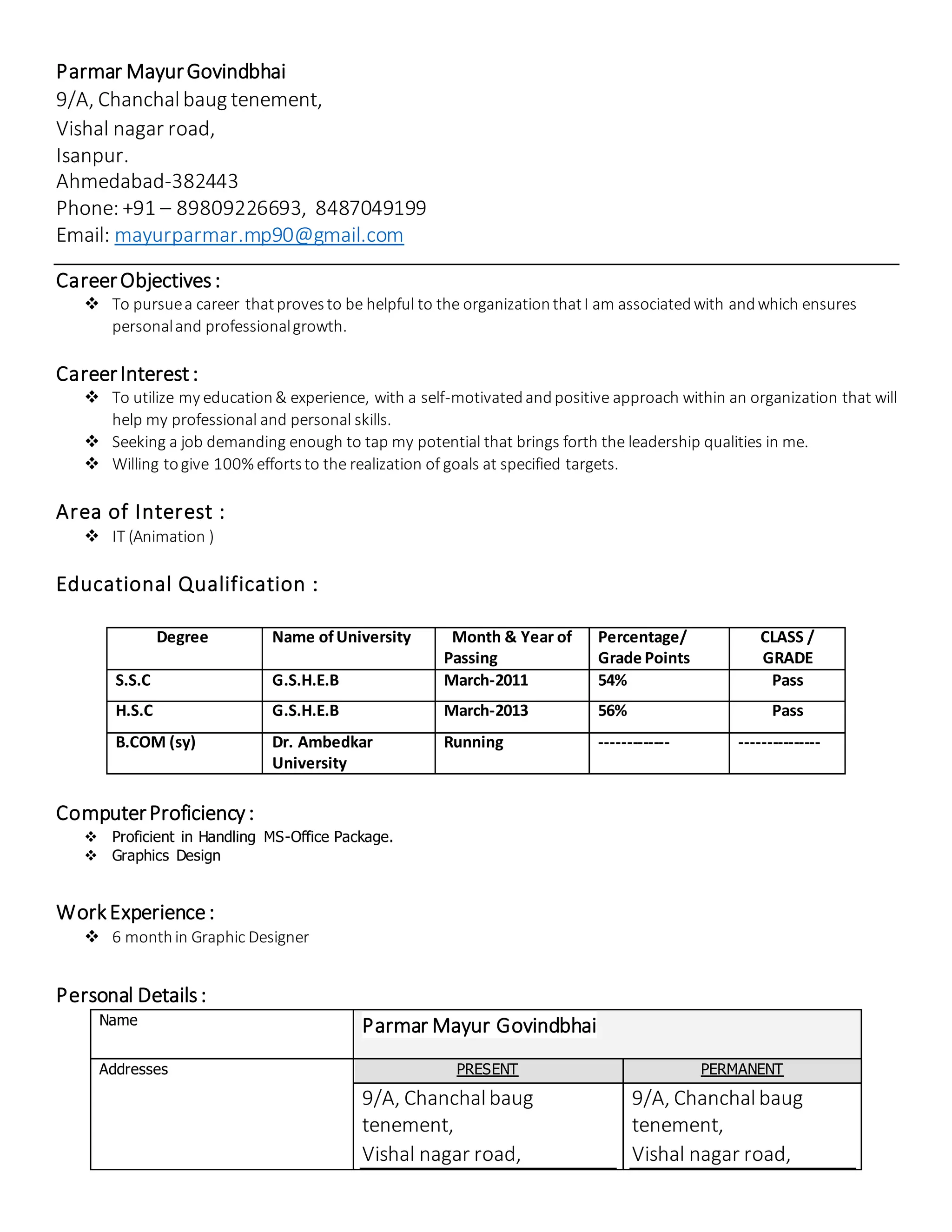 Mayur Resume Format | DOCX